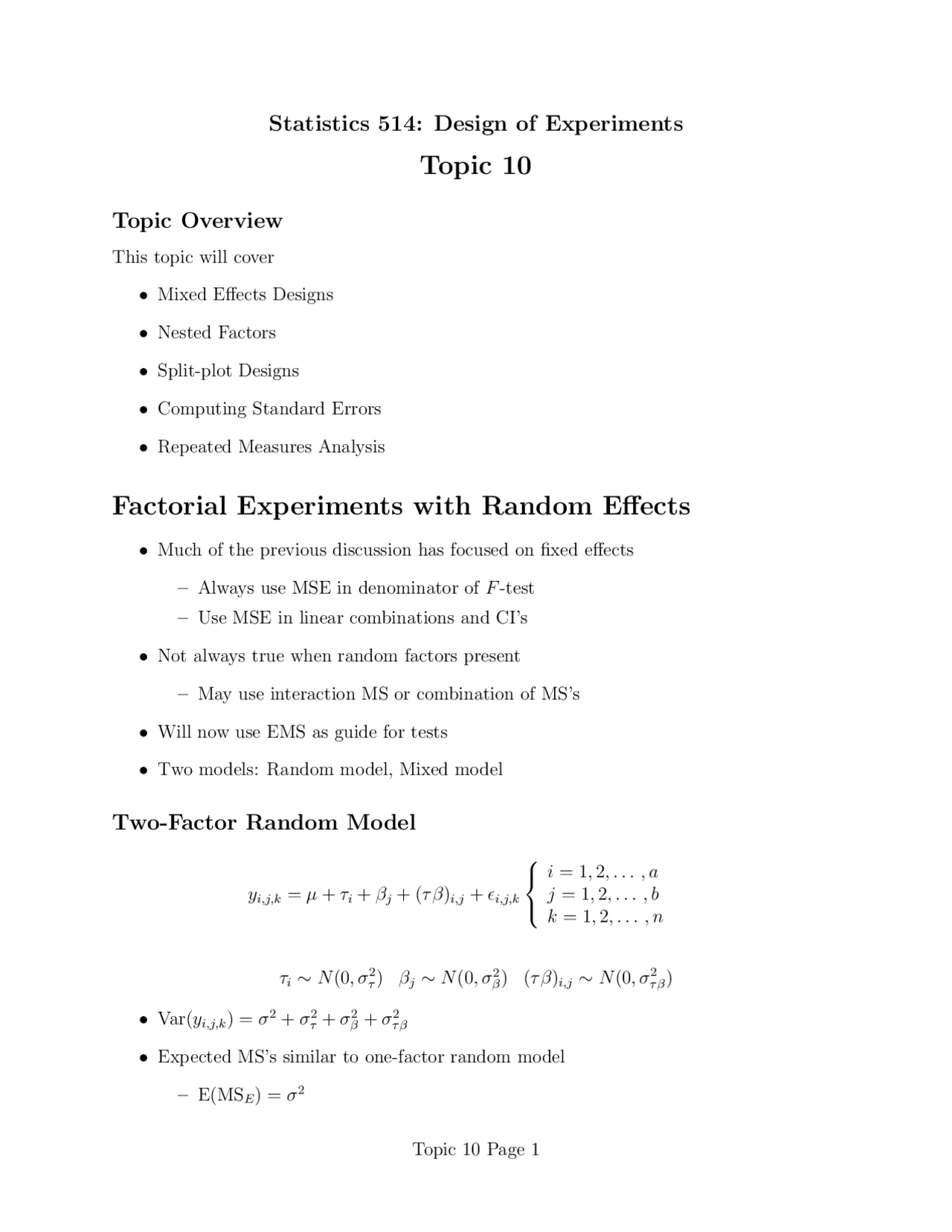 Notes on Mixed Effects Designs, Nested Factors and Split-plot Designs ...