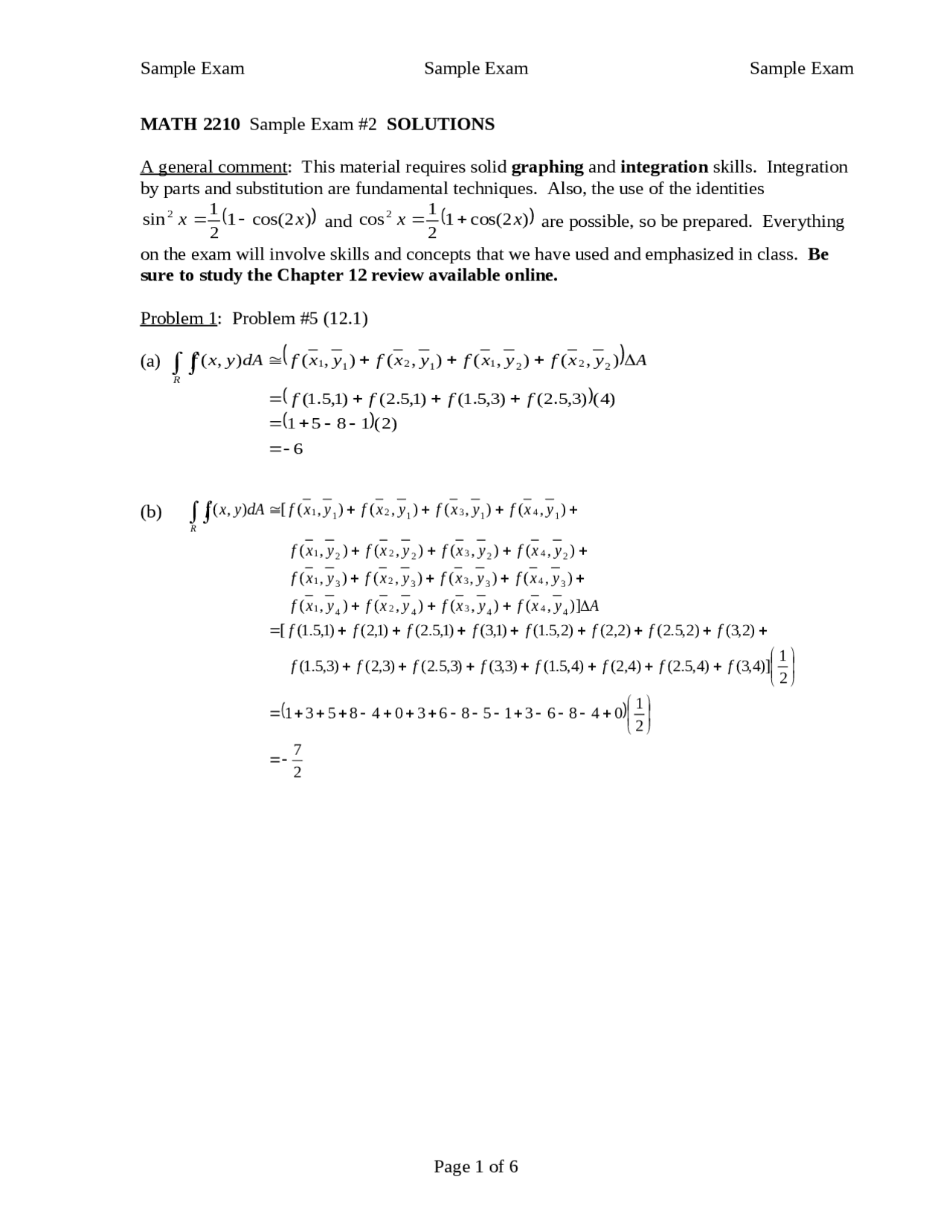 Solution To Sample Exam Multivariable Calculus Qih Math 2210