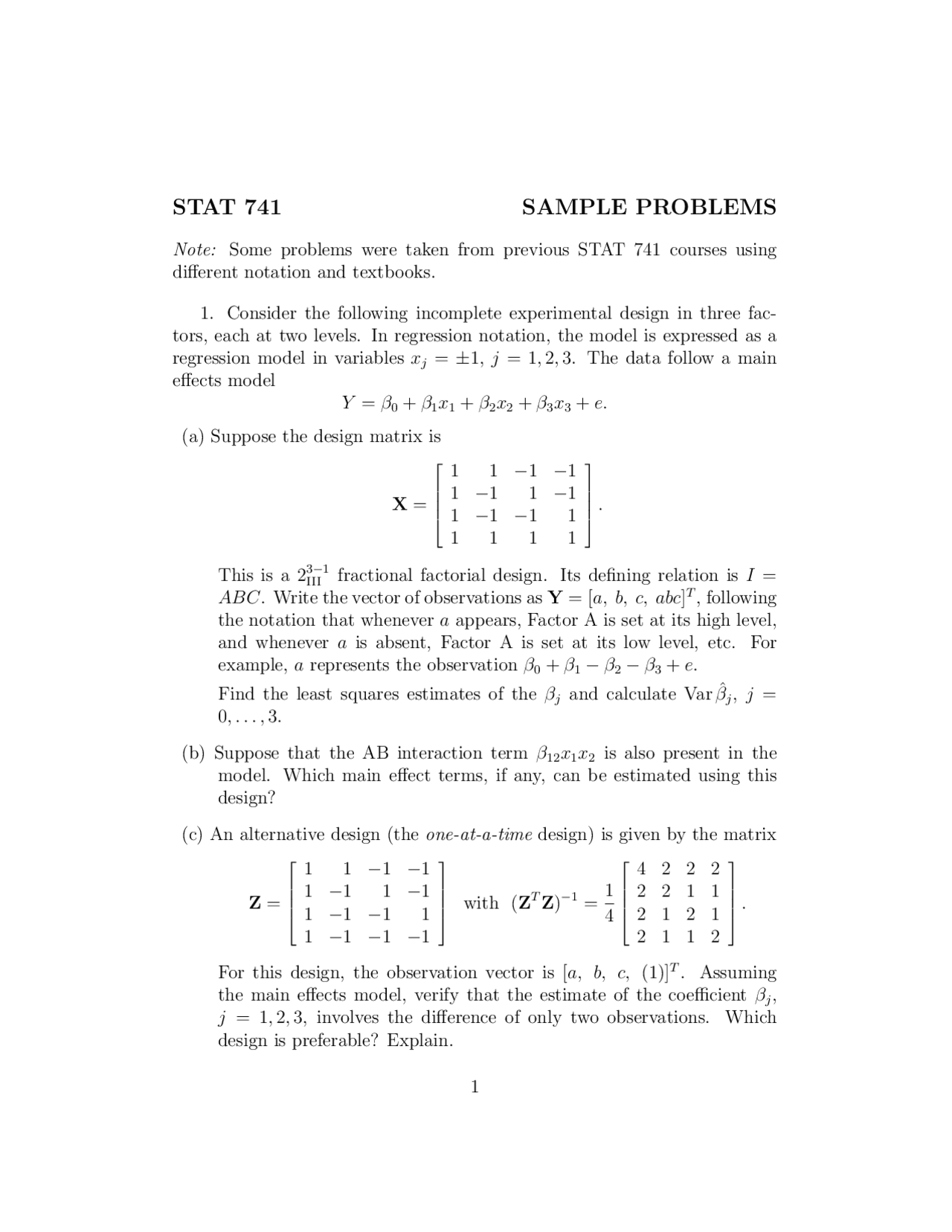 Sample Problems For Linear Statistics Models Ii Stat 741 Docsity