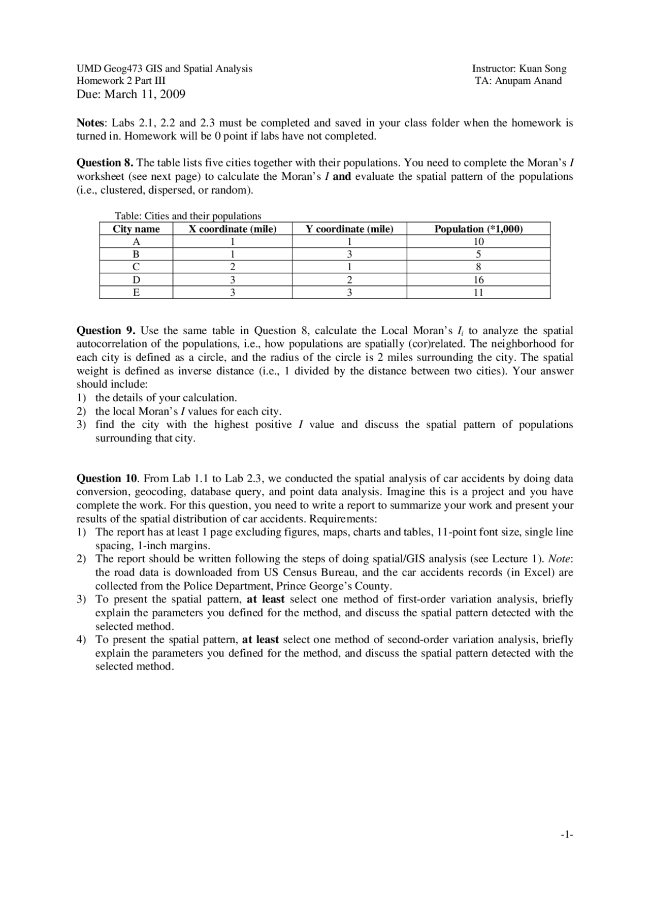 3 Problems On Gis And Spatial Analysis Assignment 2 Geog 473 Docsity