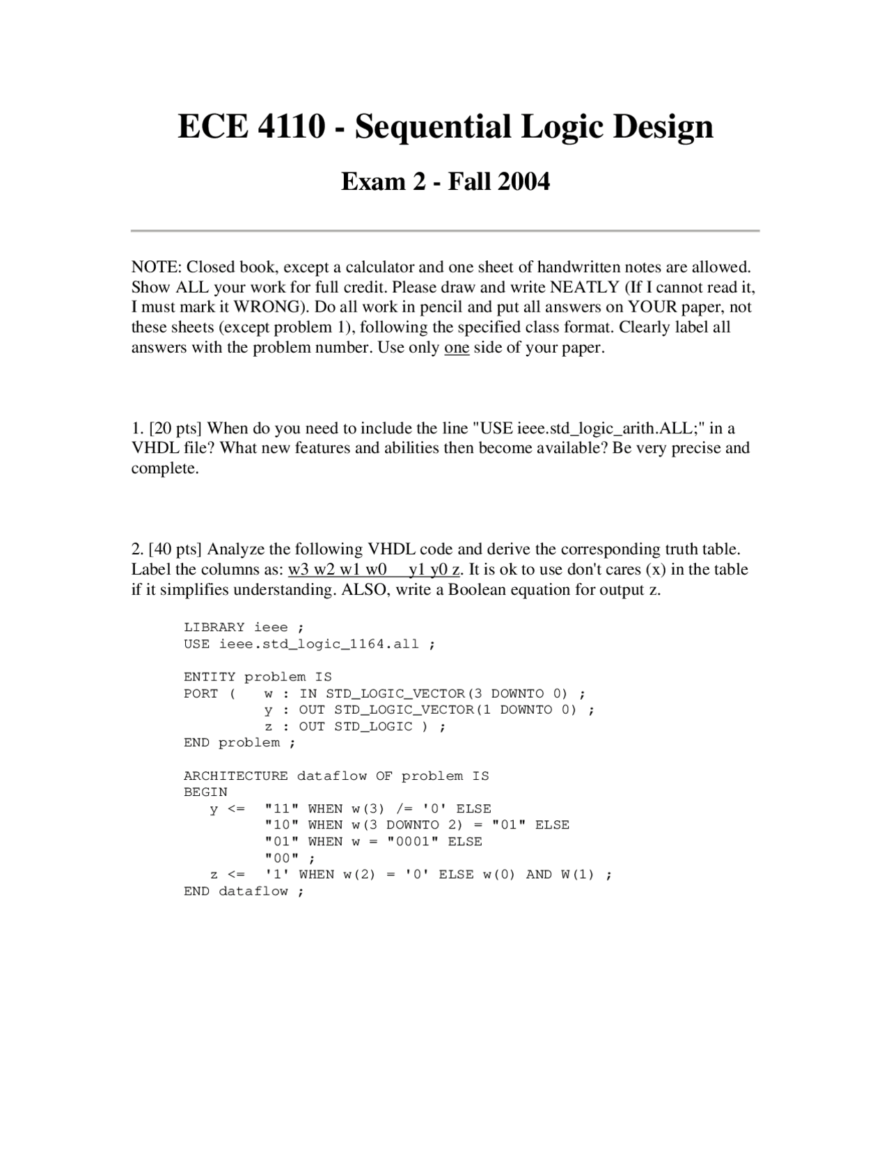 Solution To Exam 2 Sequential Logic Design Ece 4110 Docsity