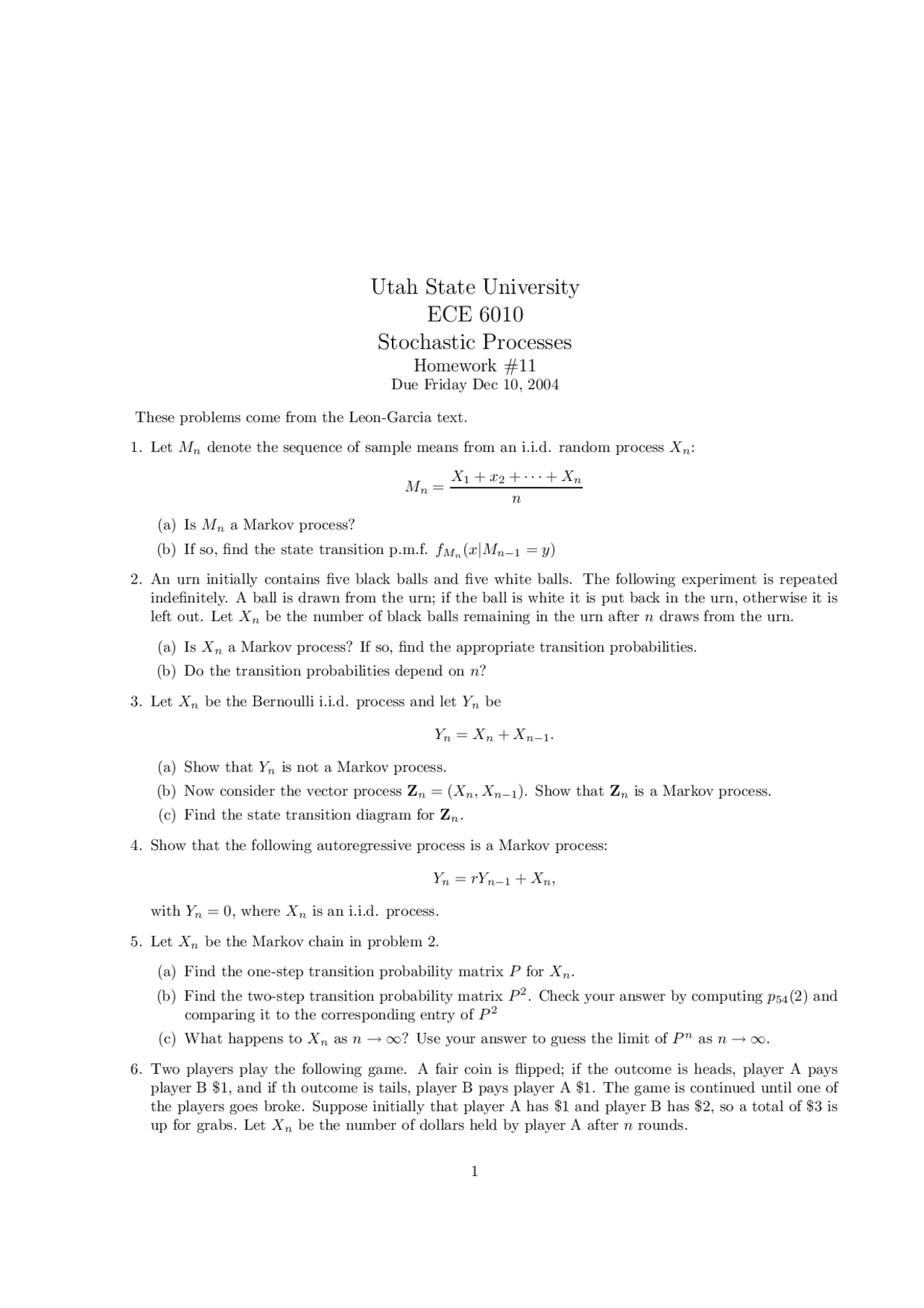 Homework 11 Stochastic Processes 2004 Ece 6010 Docsity