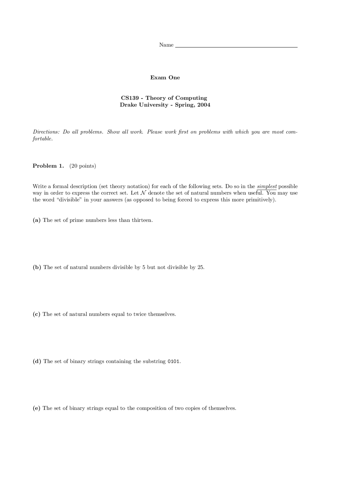 Exam 1 Practice Problems - Theory of Computation | CS 139 - Docsity