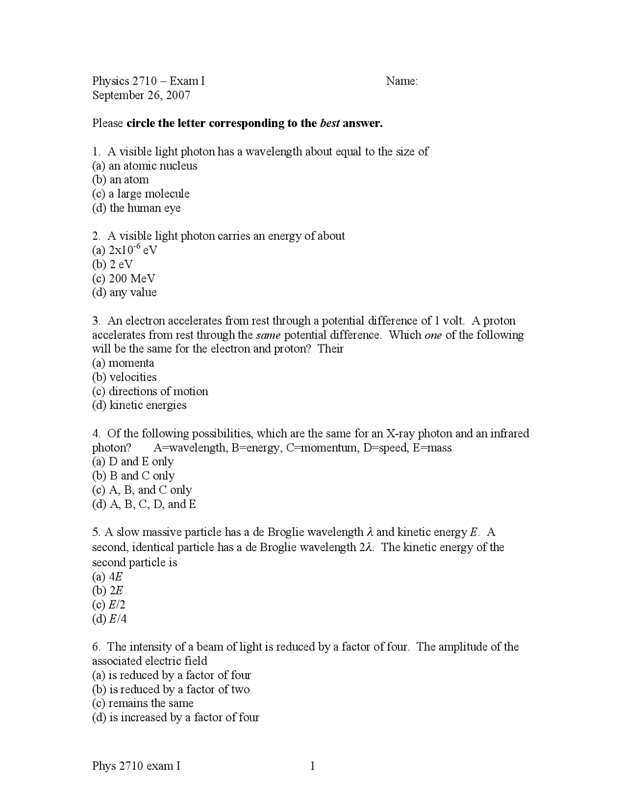 Exam 1 - Physics | Introductory Modern Physics | PHYS 2710 - Docsity