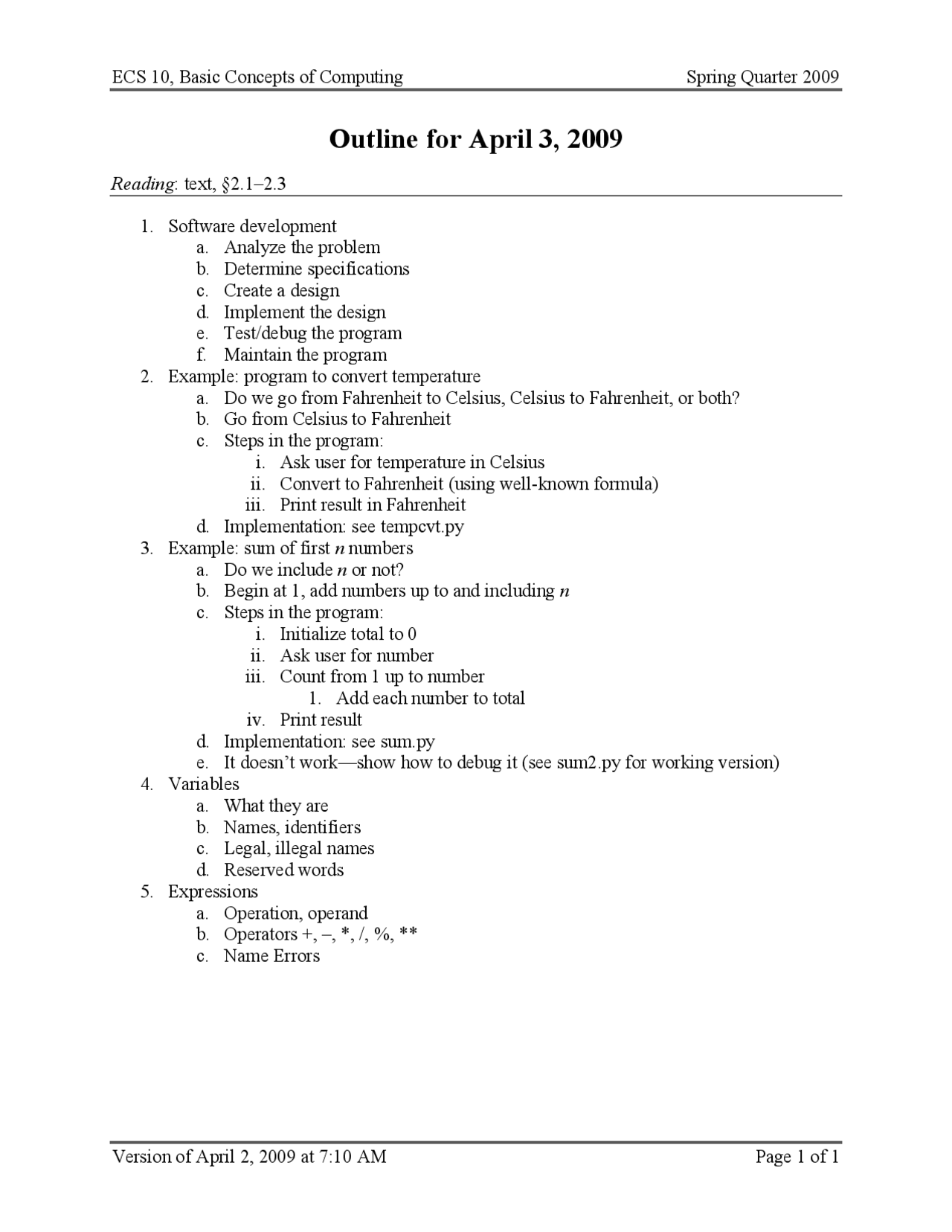 Basic Concepts Of Computing Outlines Ecs 010 Docsity 