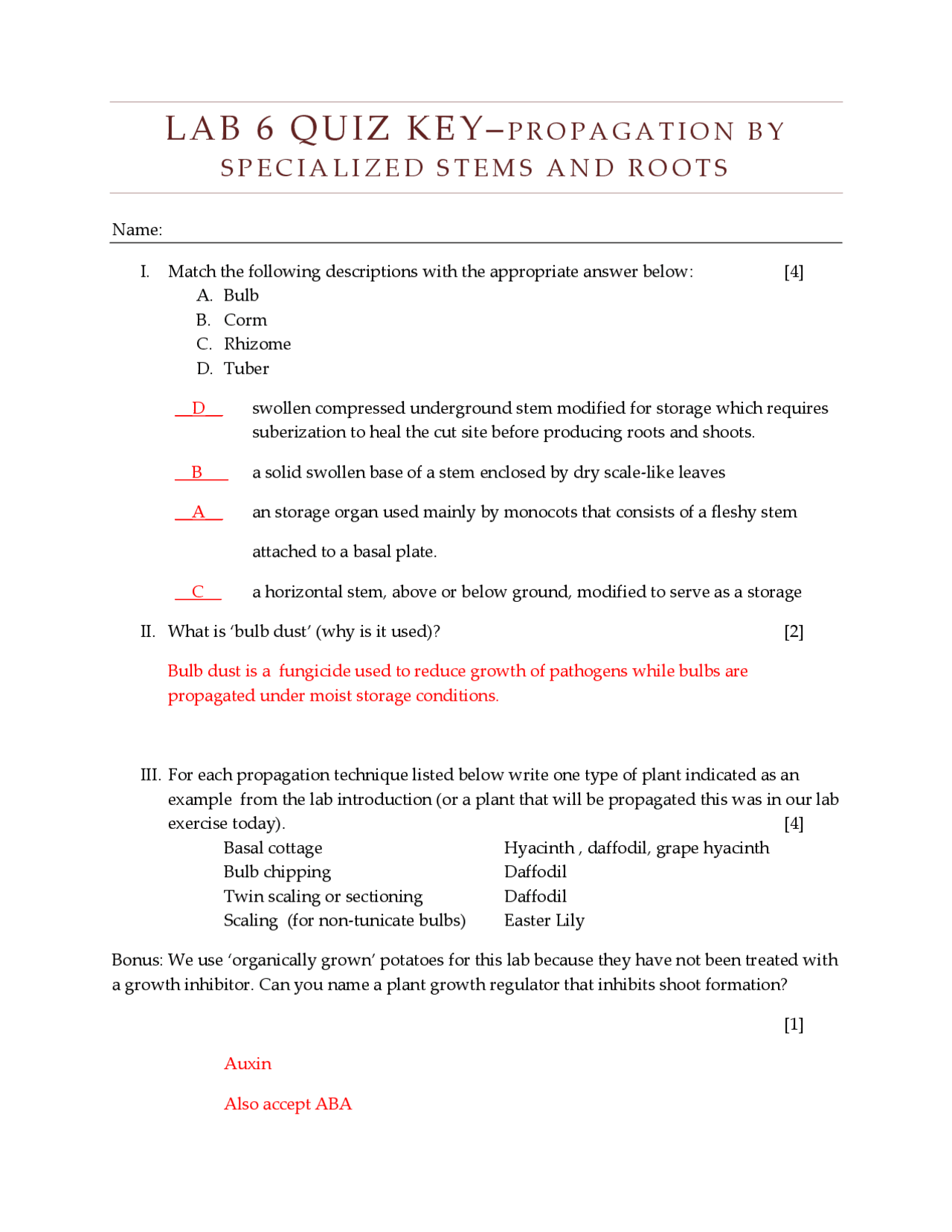Lab 6 Quiz Key Propagation By Specialized Stems And Roots Hort 20100