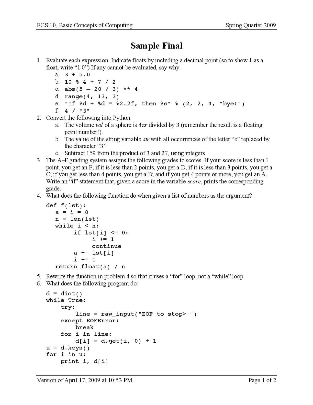 7 Problems On Concepts Of Computing Sample Final Exam Ecs 010 Docsity