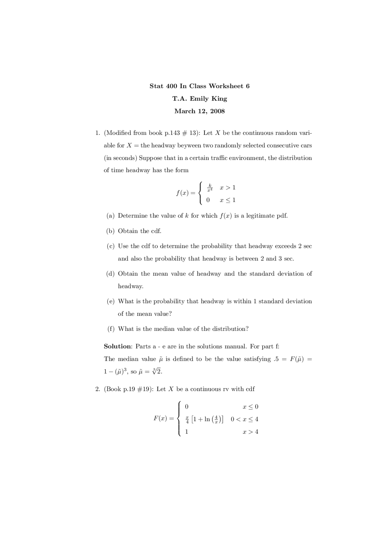 Statistic Problems Solutions Worksheet 6 | Assignments Probability and Statistics | Docsity
