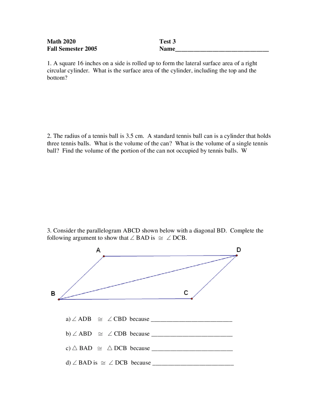 7 Questions for Exam 3 - Introduction to Logic and Geometry | MATH 2020 ...