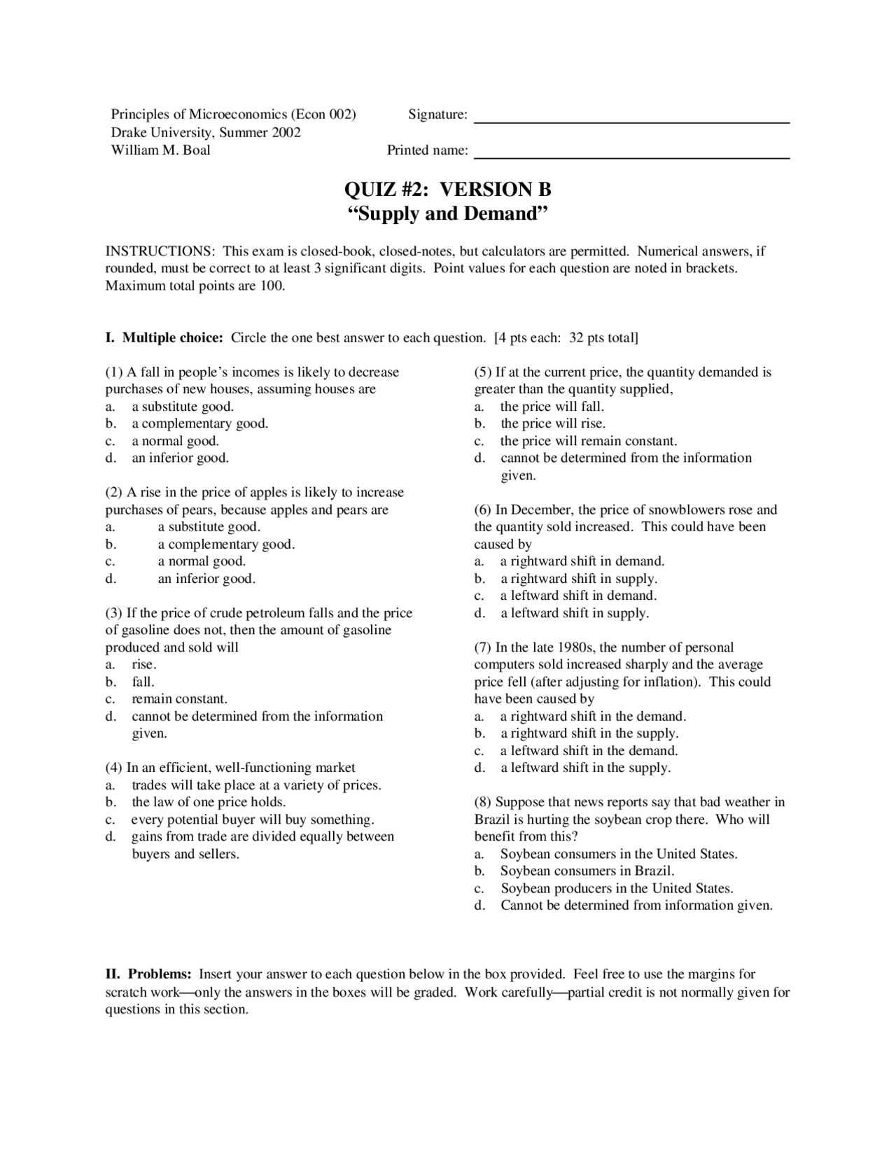 Questions For Quiz 2 Principle Of Microeconomics Econ 002 Docsity