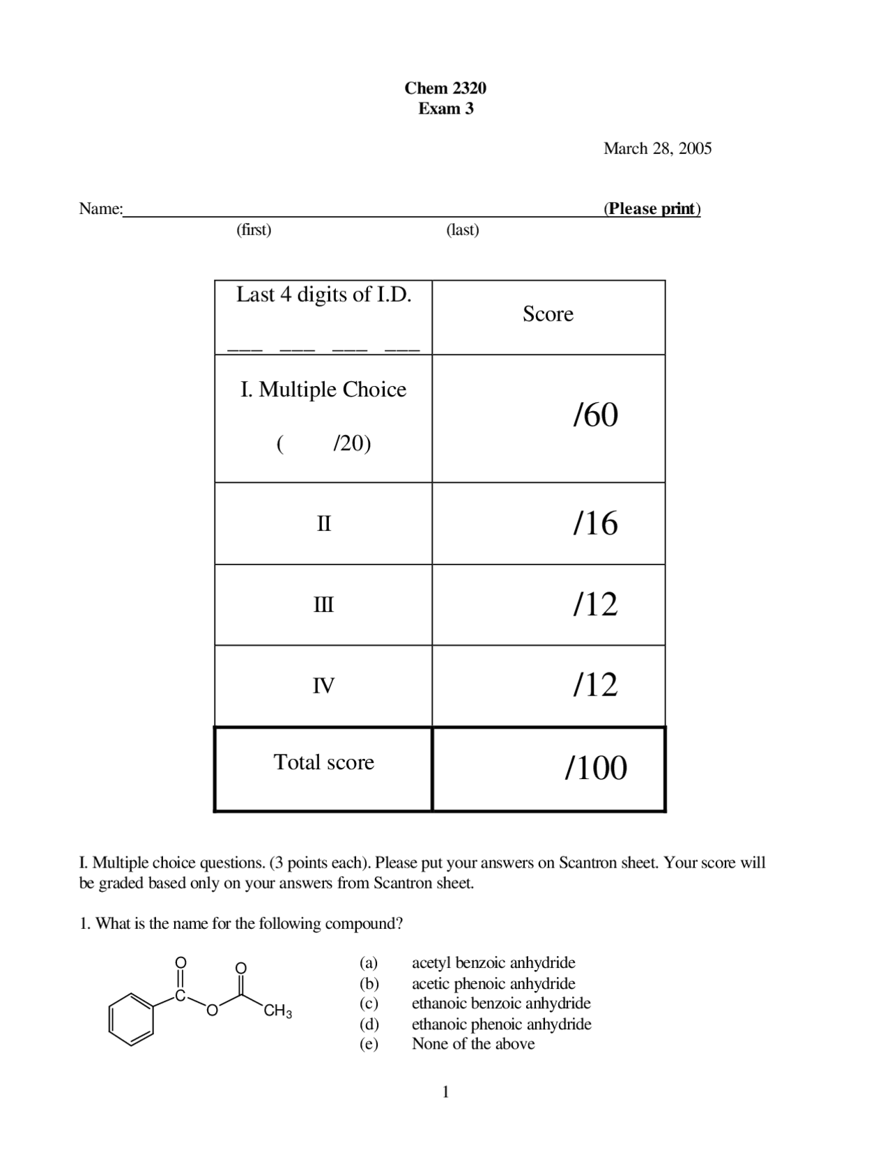 Exam 3 Organic Chemistry I 3 Questions Chem 2320 Docsity