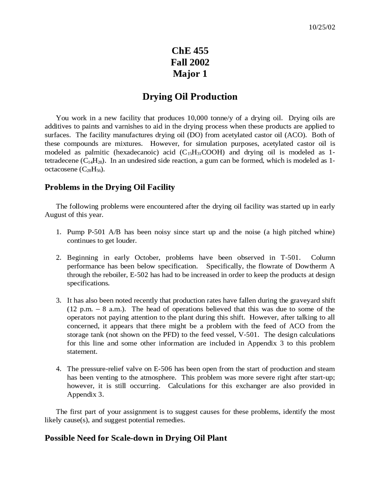 Drying Oil Production - Major 1 - Chemical Process Design 1 | CHE 455 ...