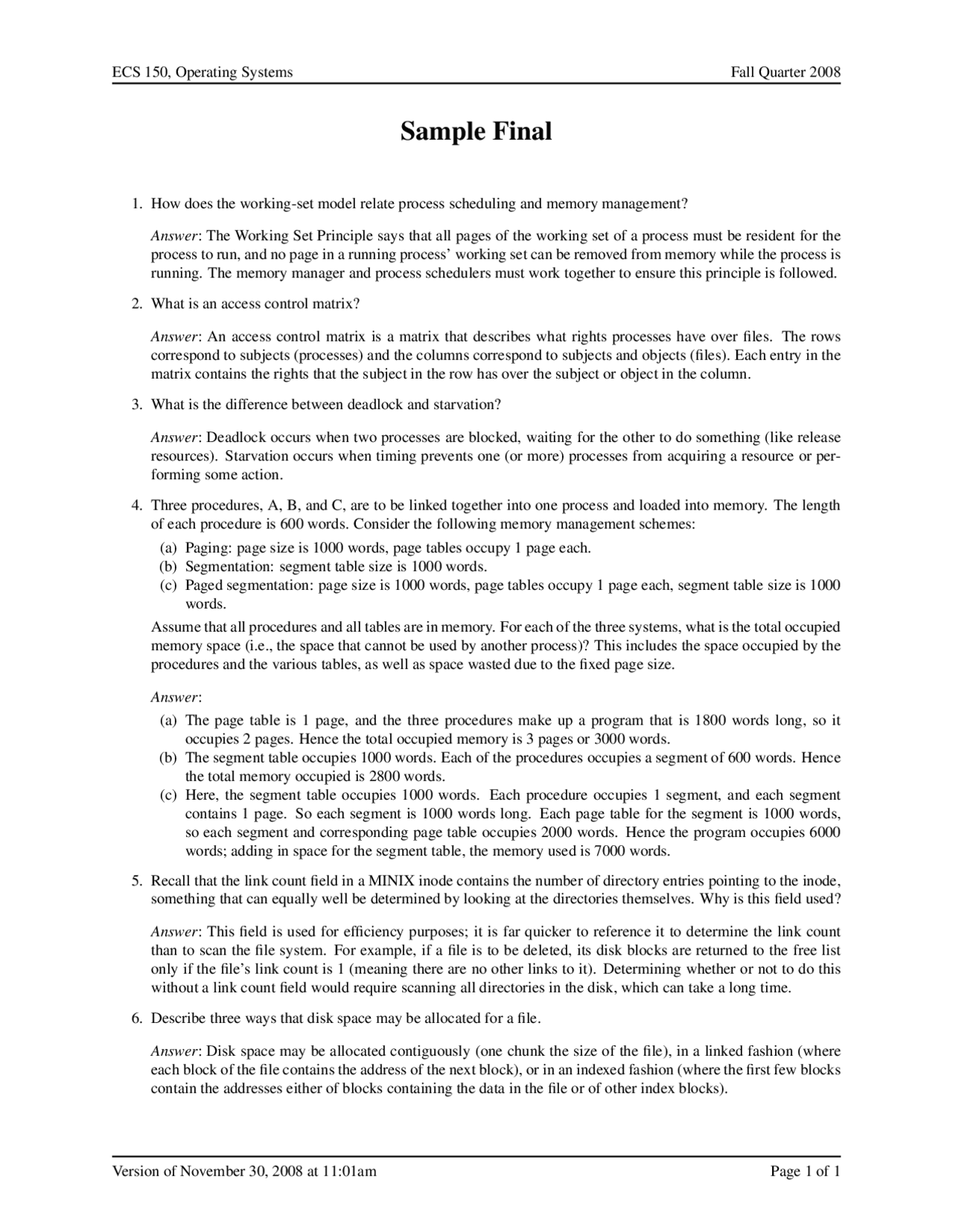 Operating Systems Sample Final 2008 Ecs 150 Exams Operating Systems Docsity