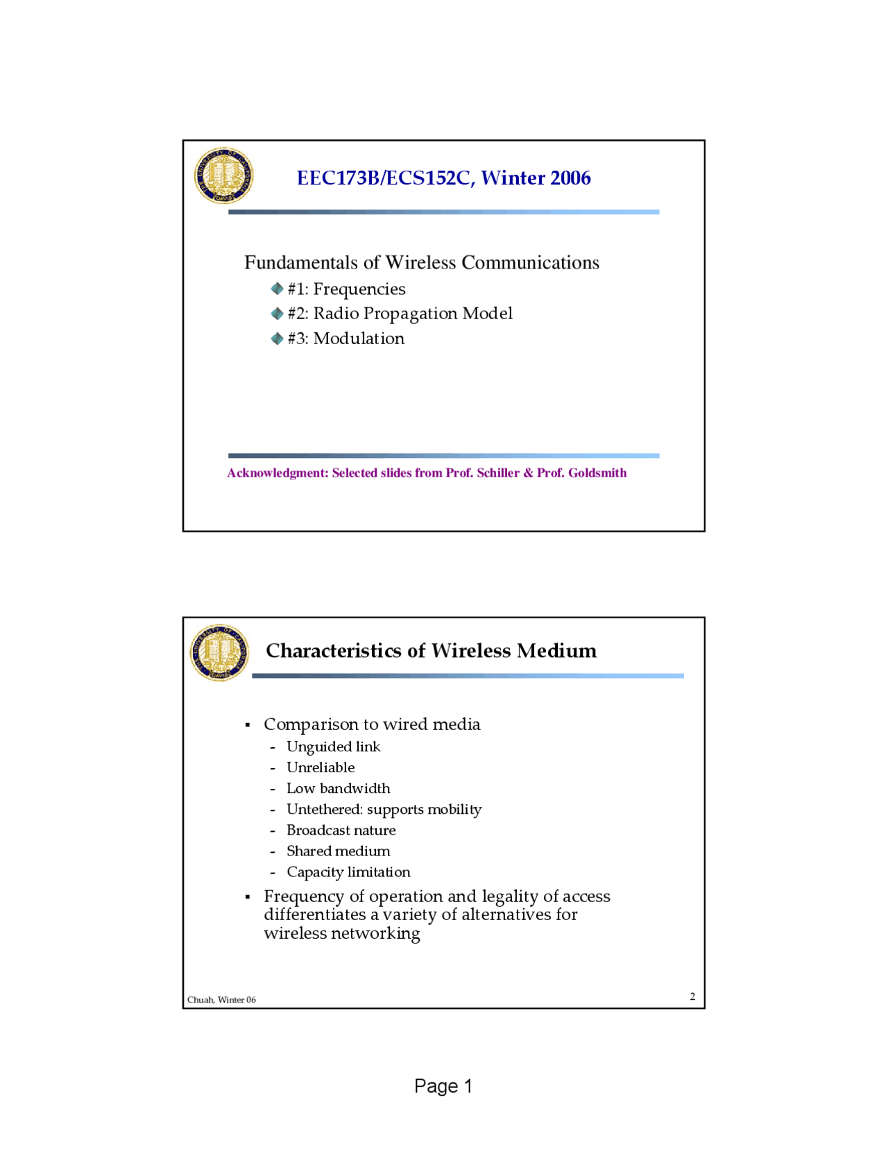Lecture Slides on Fundamental of Wireless Communications | EEC 173B - Docsity