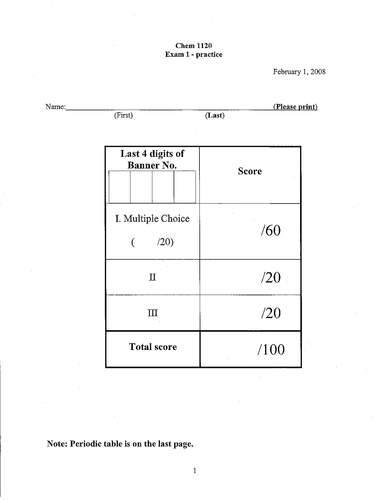 Practice Exam 1 for General Chemistry II | CHEM 1120 | Exams Chemistry | Docsity