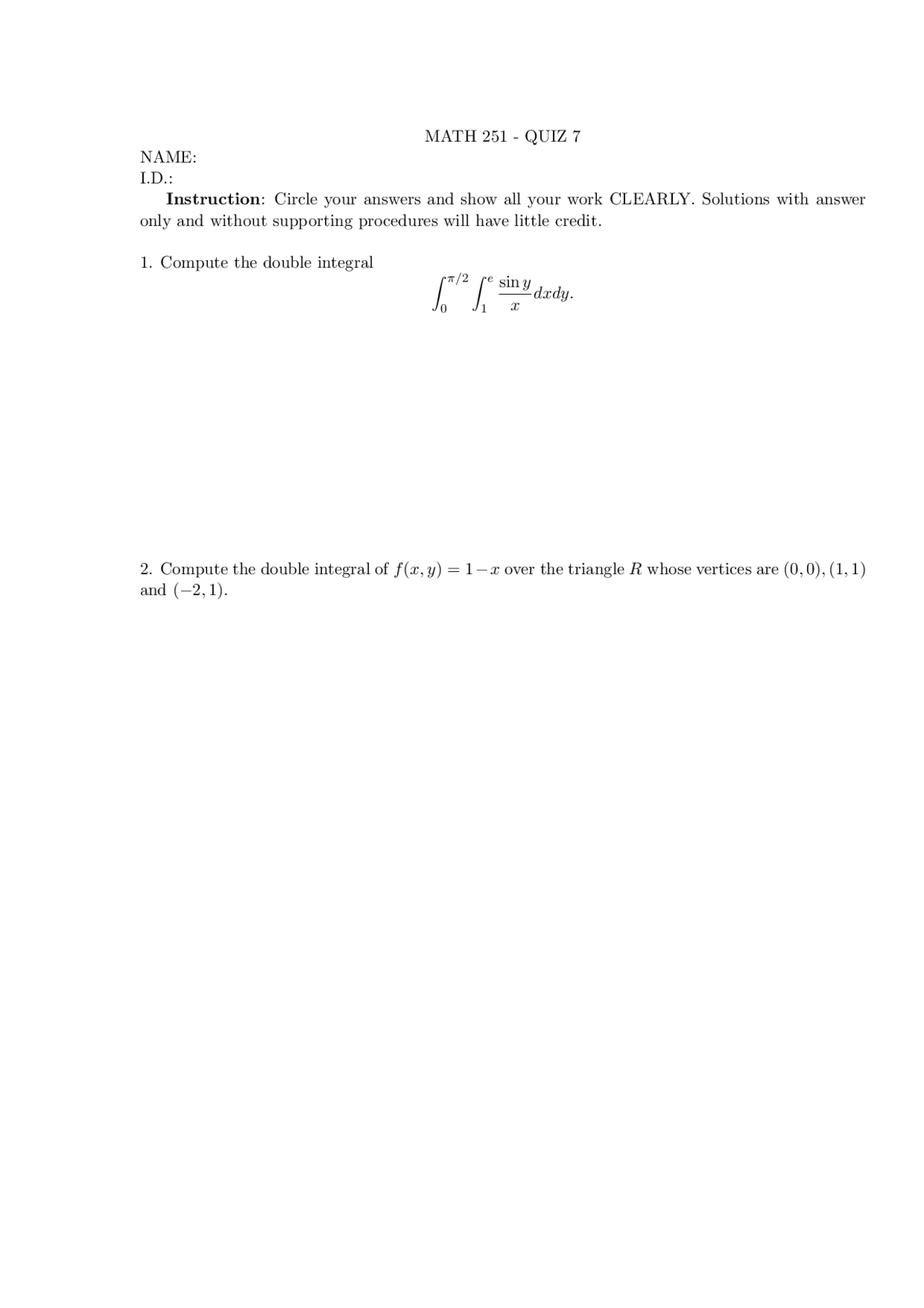 Questions About Double Integral Multivariable Calculus Math 251