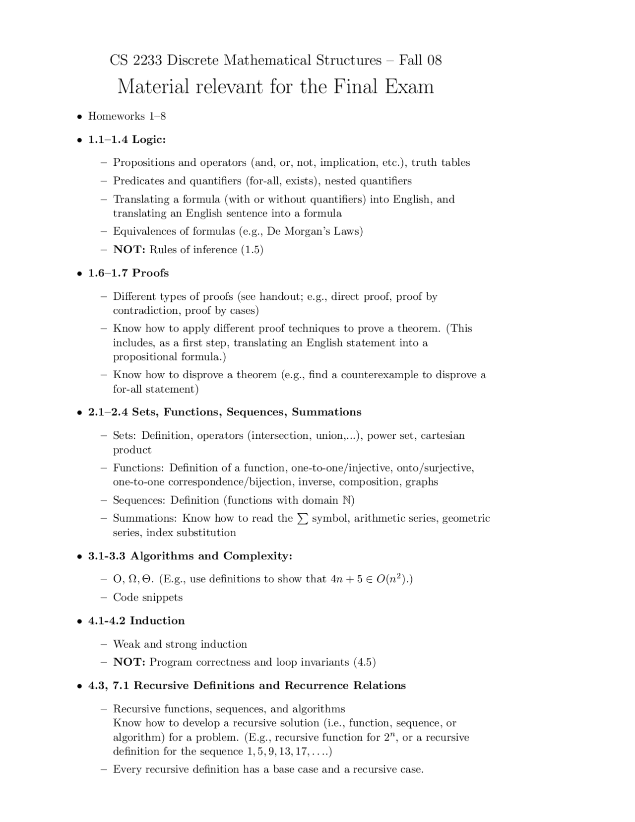 Discrete Math Structures Final Examination Cs 2233 Docsity