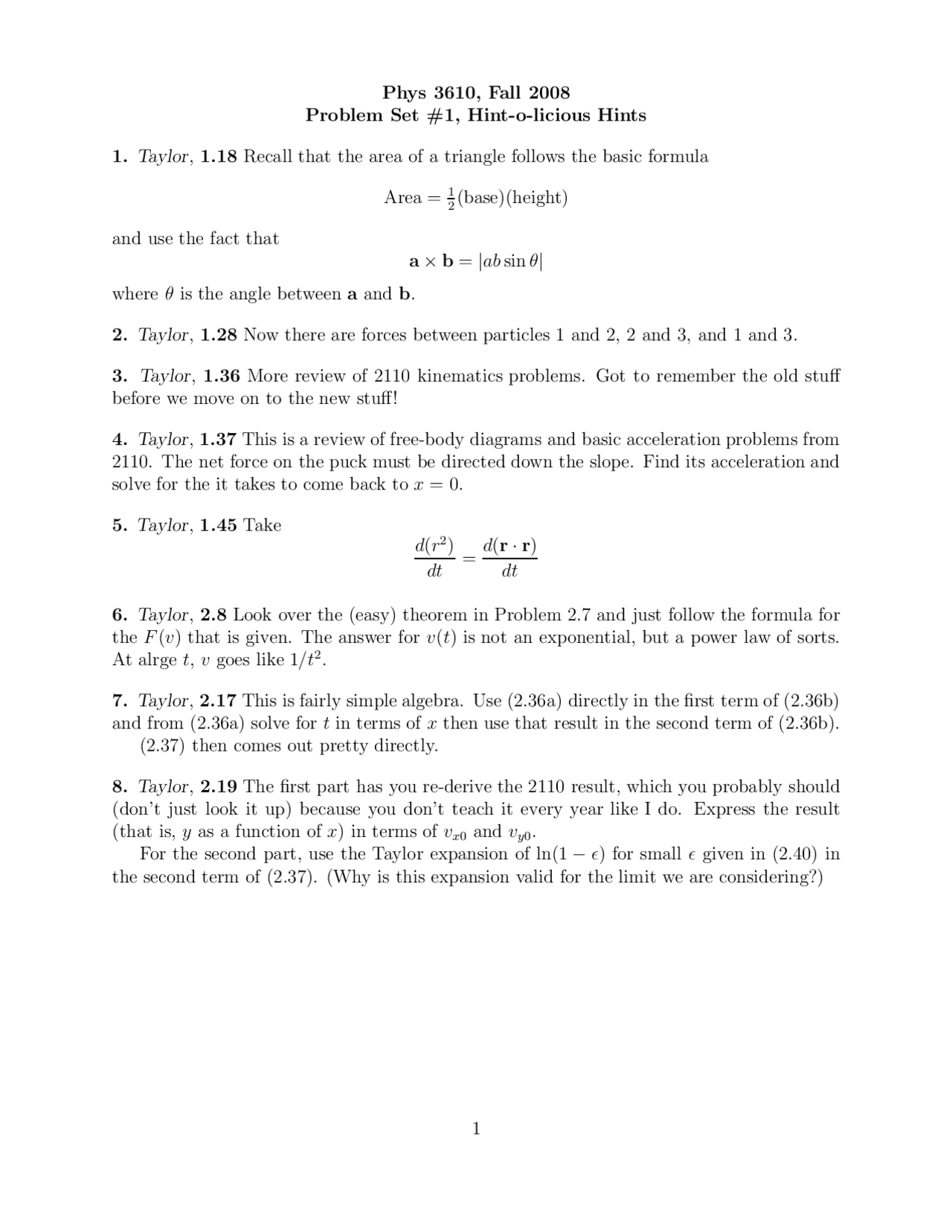 Classical Mechanics - Problem Set 1 with Solutions | PHYS 3610 - Docsity