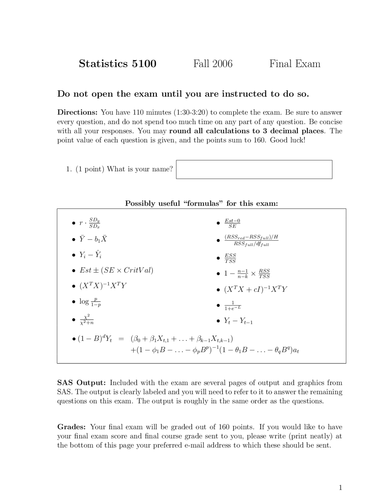 Practice Final Exam Linear Regression And Time Series Stat 5100 Docsity