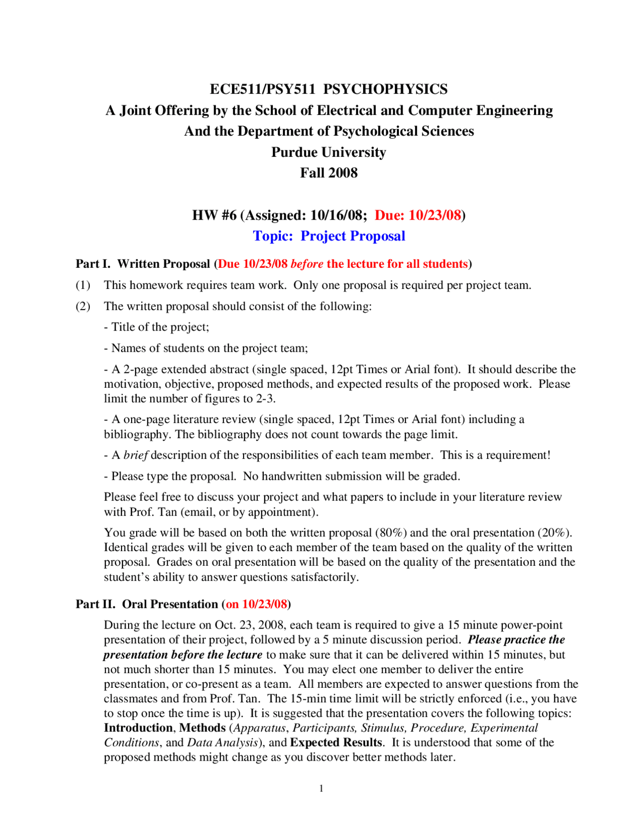 Project Proposal for Psychophysics - Fall 2008 | ECE 51100 - Docsity