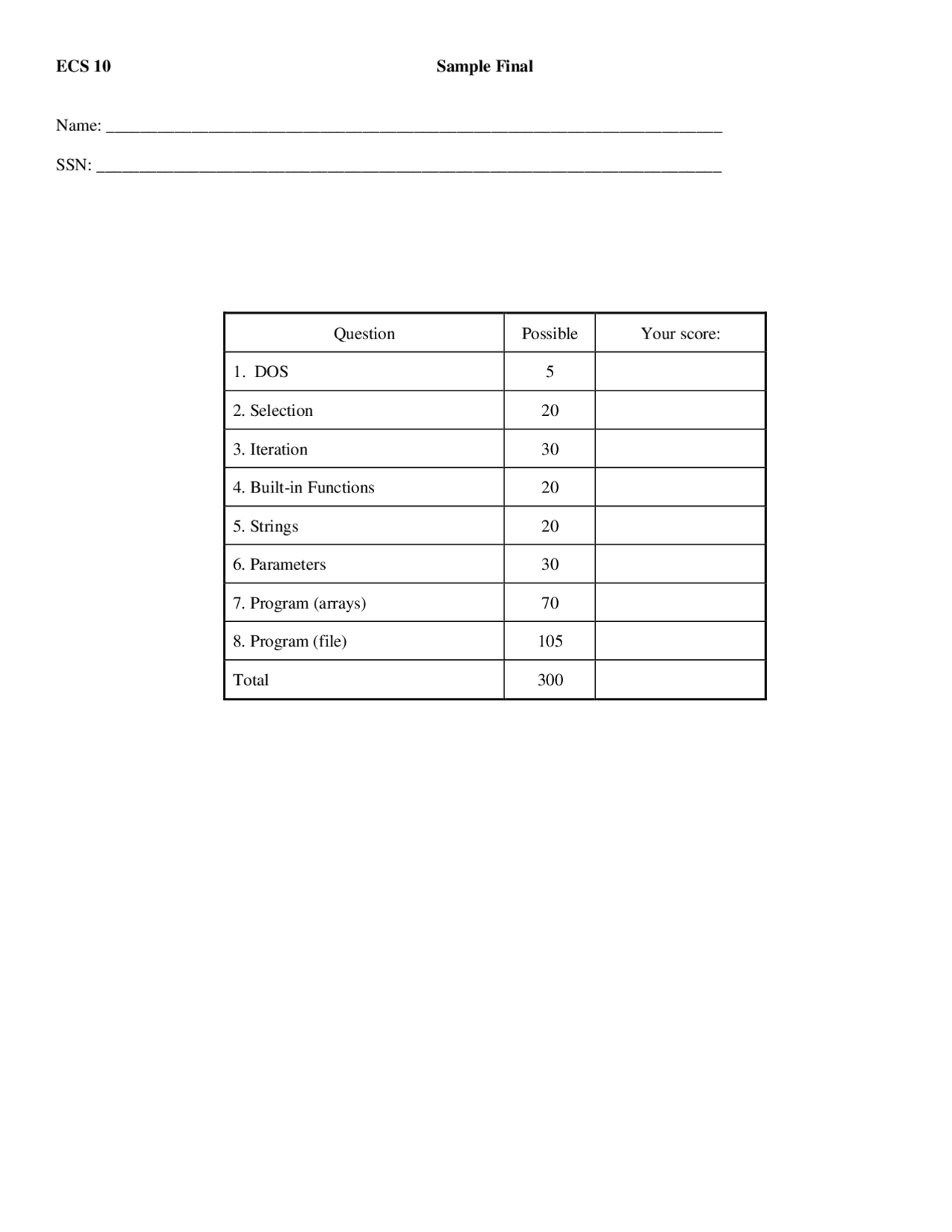 Sample Final Concepts Of Computing Ecs 010 Docsity