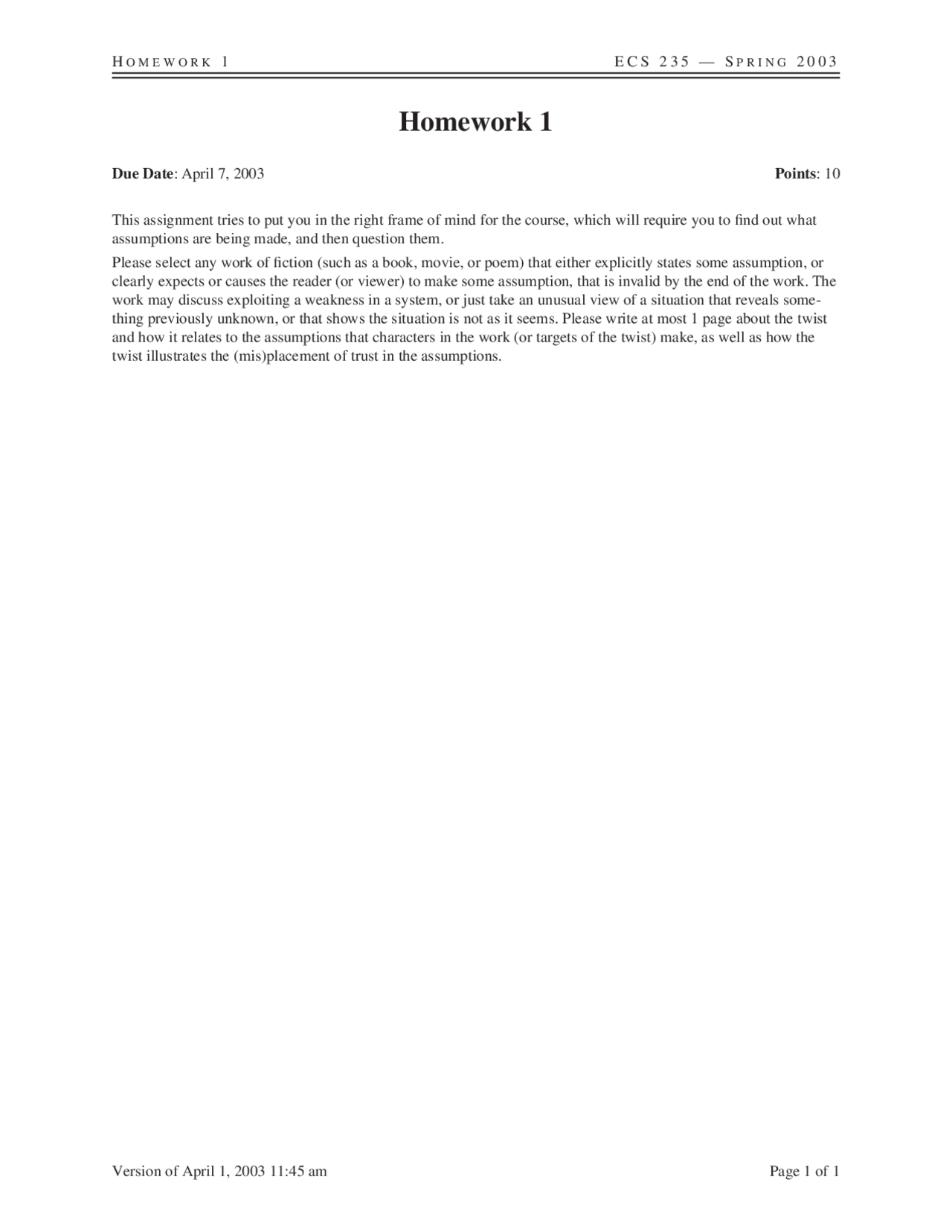 Homework 1 On Computer And Information Security Ecs 235a Docsity