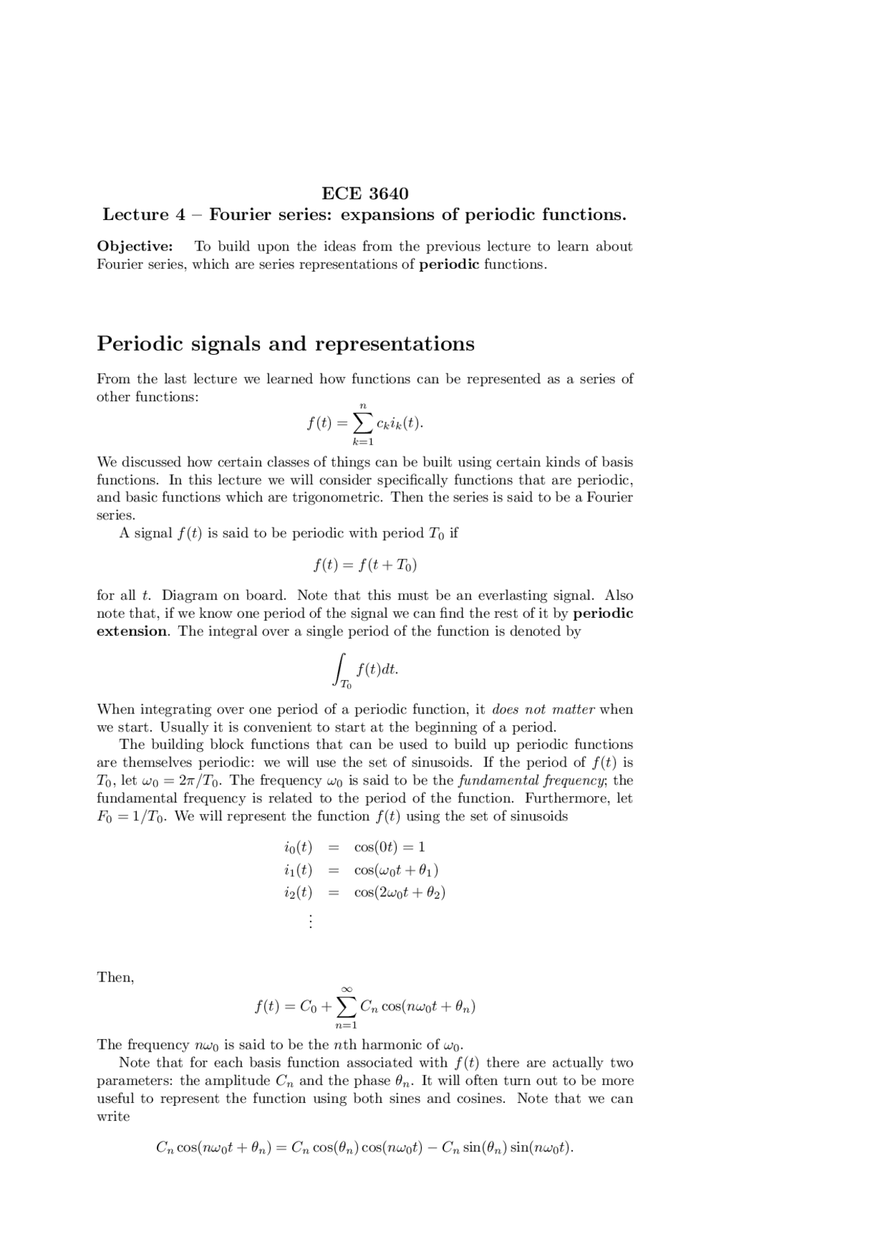 Fourier Series Expansions Of Periodic Functions Ece 3640 Lecture 4