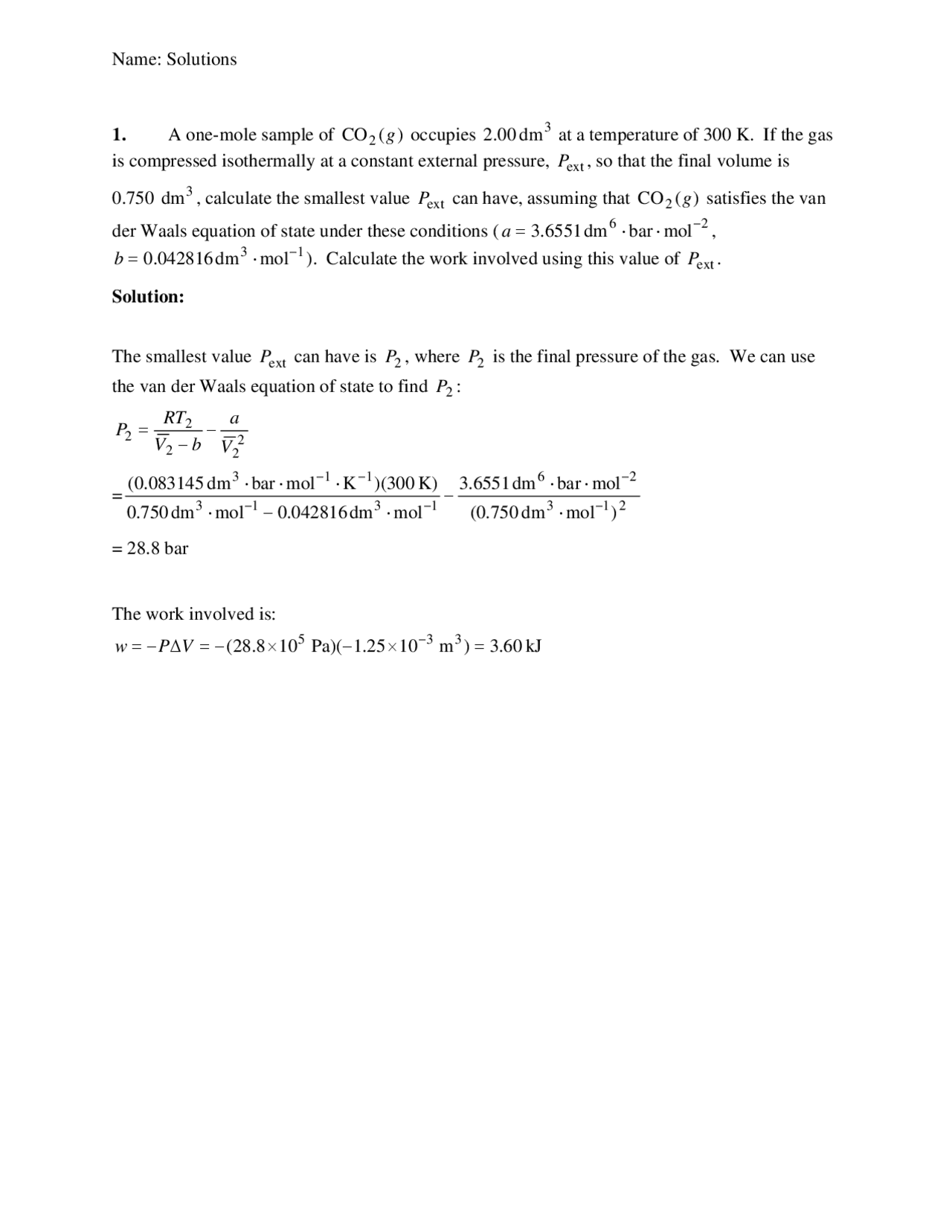 Physical Chemistry Assignment 2 Questions With Solutions Chem 3520