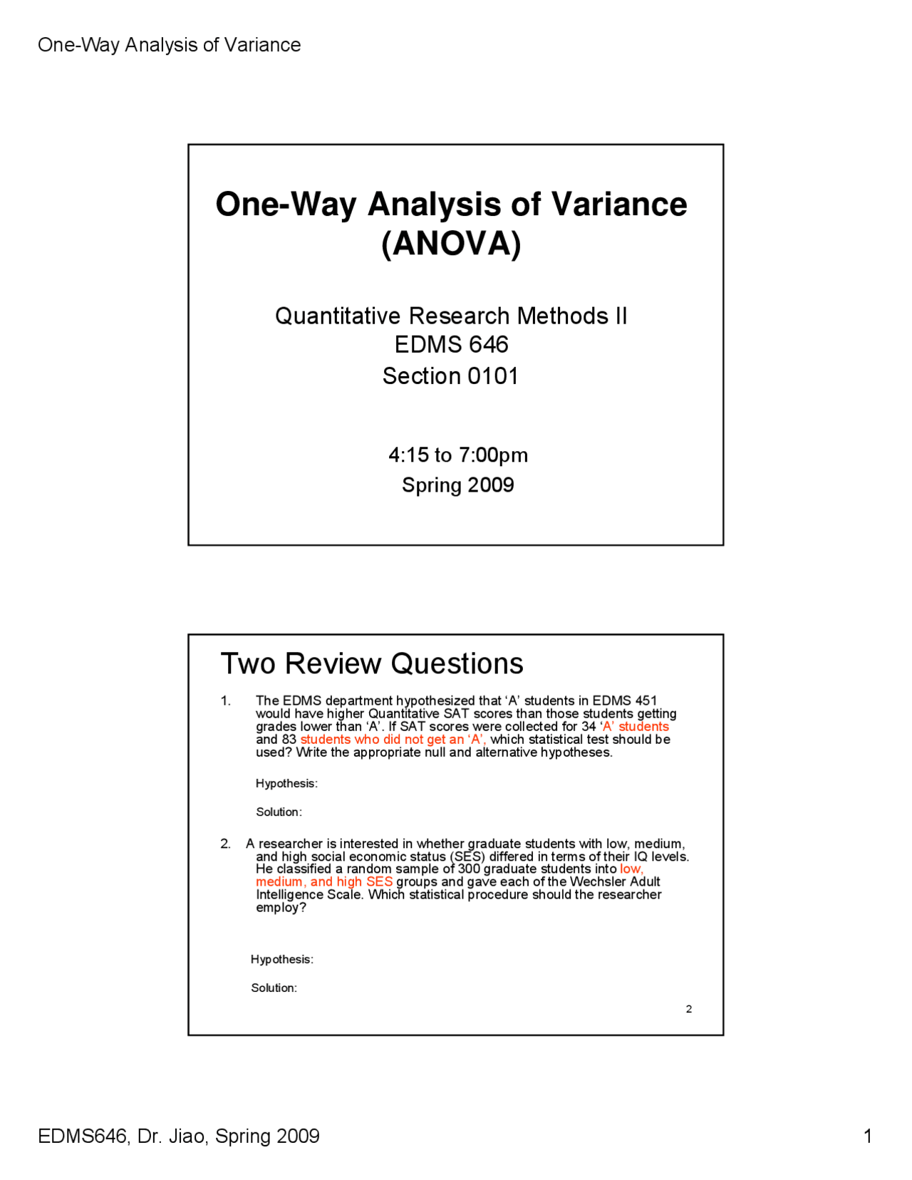 One Way Analysis Of Variance Quantitative Research Methods Ii Exam 12 Edms 646 Docsity