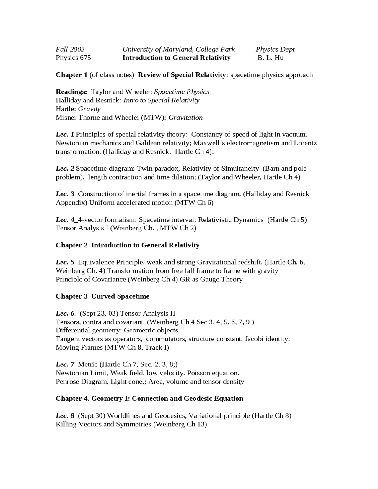 Introduction To General Relativity Lecture Notes Phys 675 Docsity