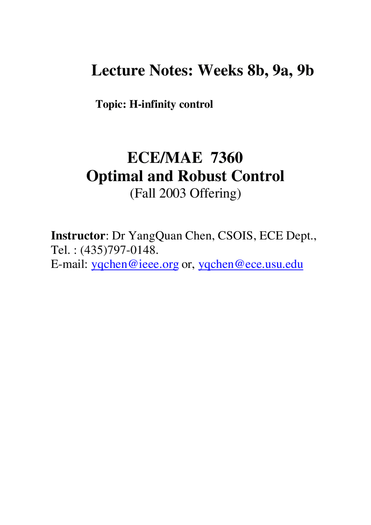 H-Infinity Control - Optimal and Robust Control | MAE 7360 - Docsity