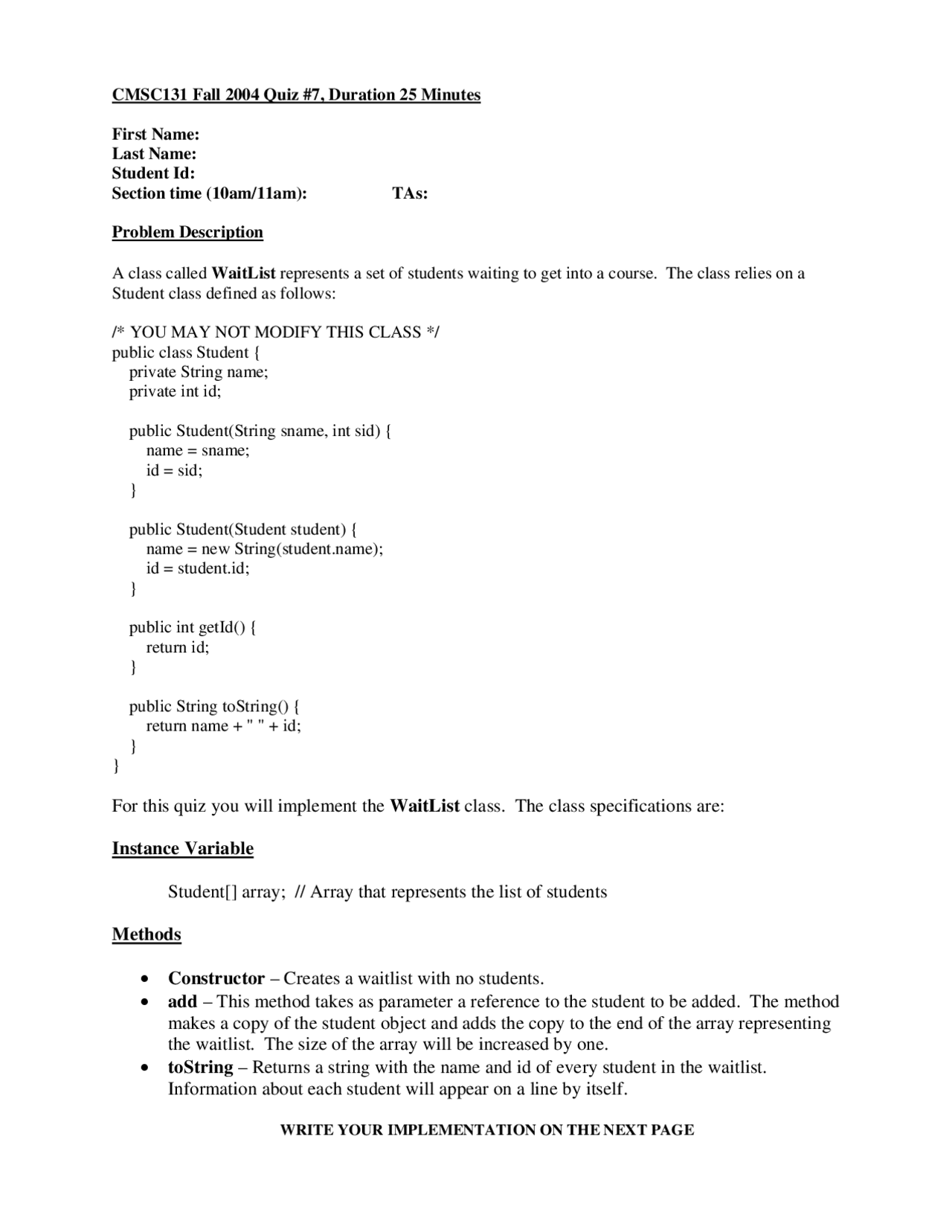 Introduction To Object Oriented Programming I Quiz 7 Cmsc 131 3042