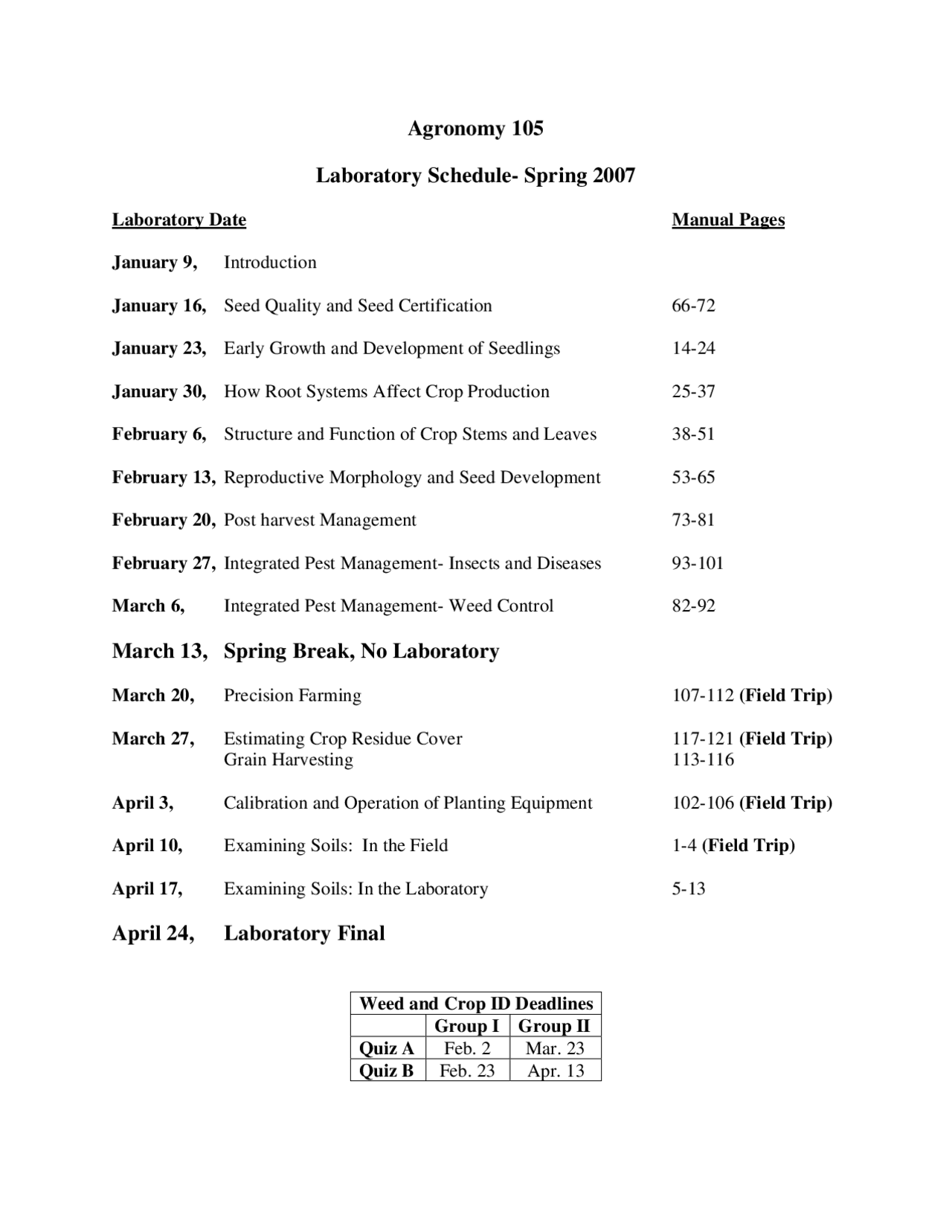 Laboratory Schedule For Crop Production Agry 10500 Docsity