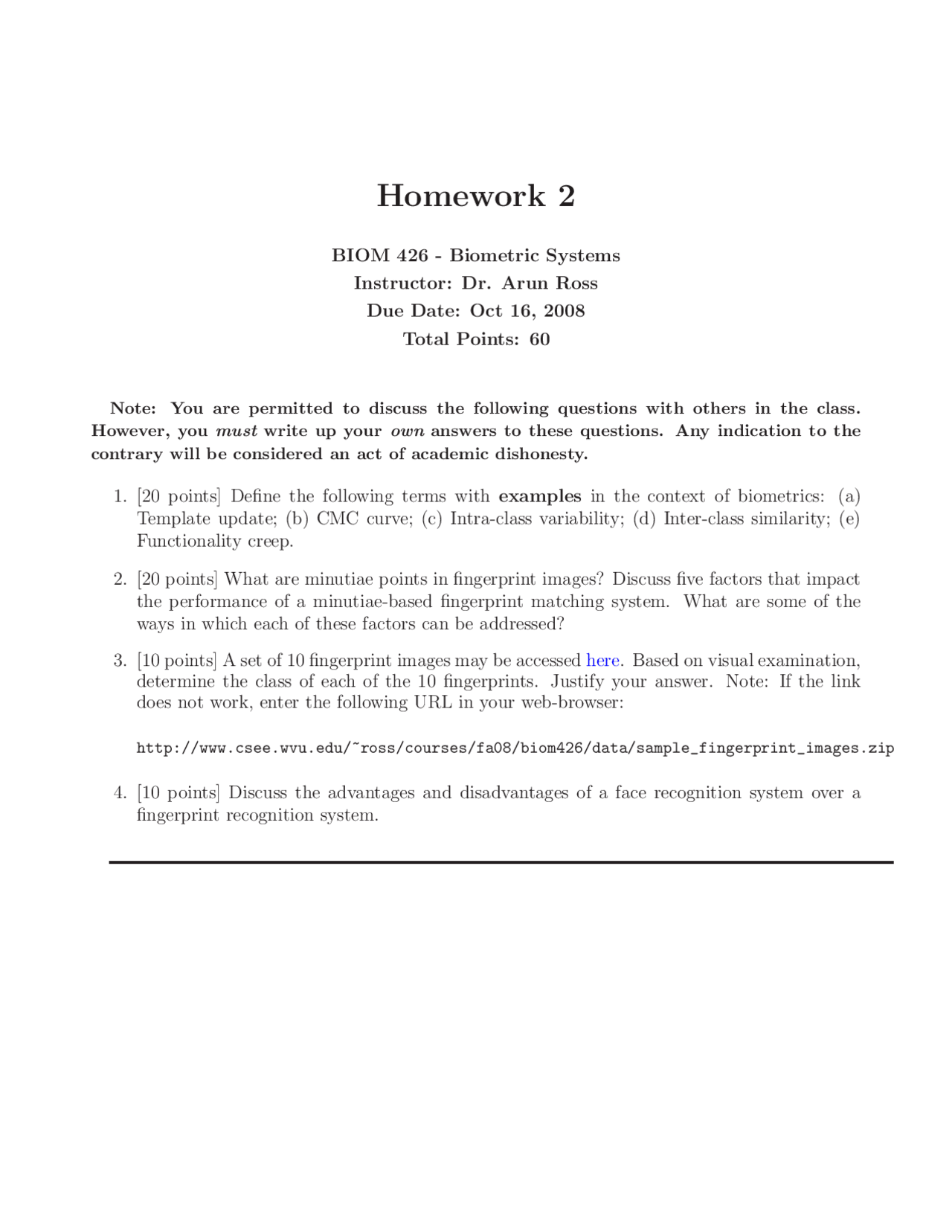 4 Questions For Assignment 2 Biometric Systems Biom 426 Docsity