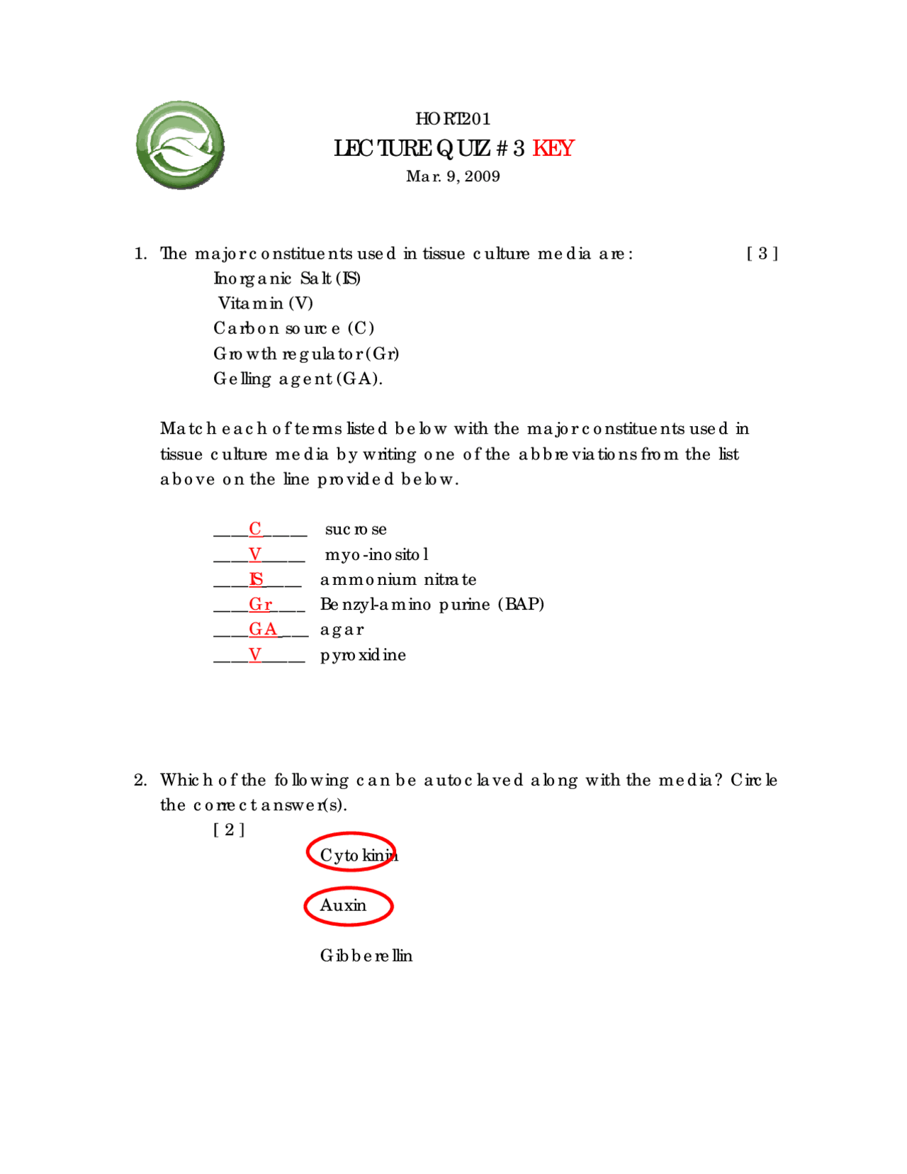 Quiz 3 With Solutions For Plant Propagation Fall 2009 Hort 20100
