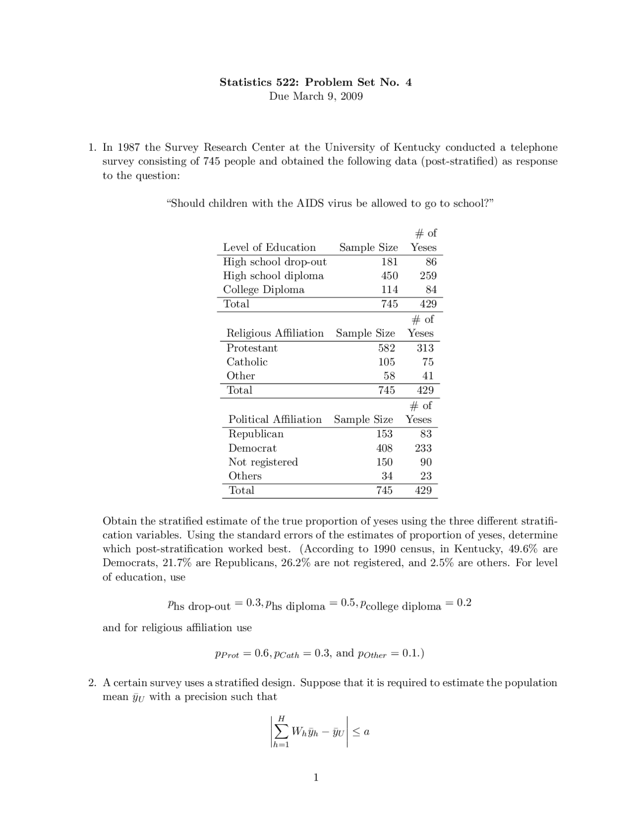 Problem Set 4 Sampling And Survey Techniques Stat 52200 Docsity