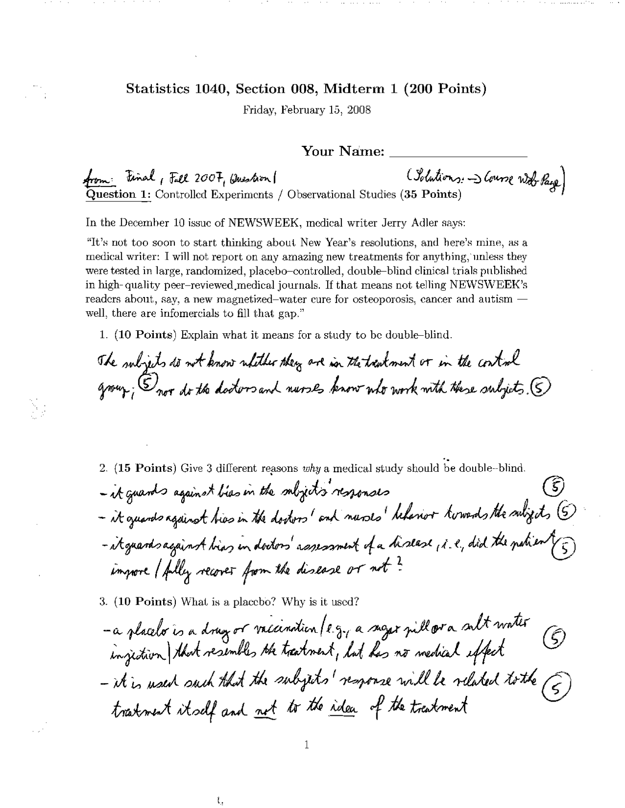 Midterm 1 Solutions Introduction To Statistics Spring 2008 Stat 1040 Docsity