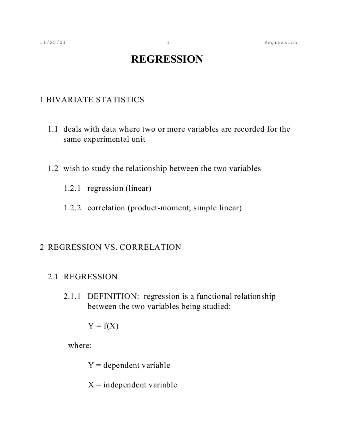 Bivariate Statistics Regression And Correlation Regression Notes