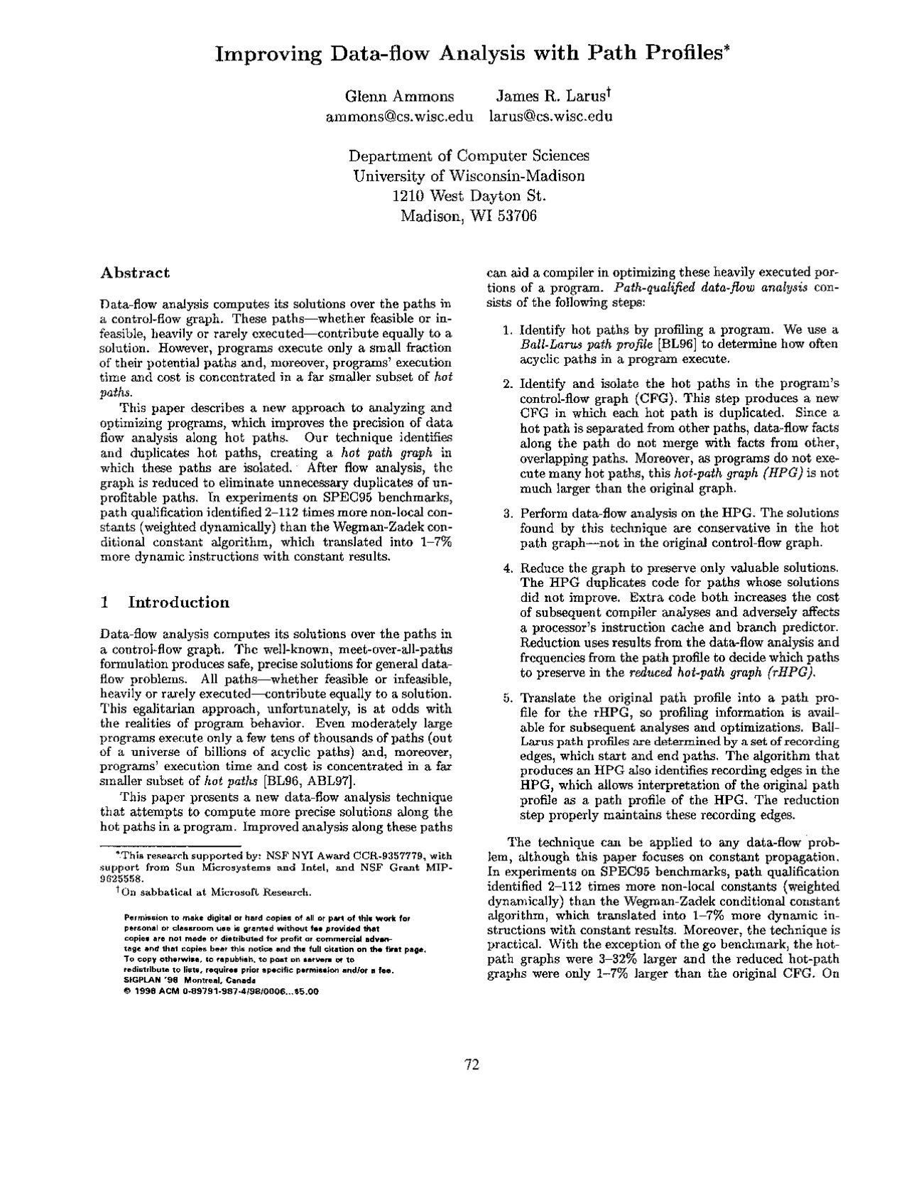 Improving Data Flow Analysis With Path Profiles Notes Cs 6463 Docsity