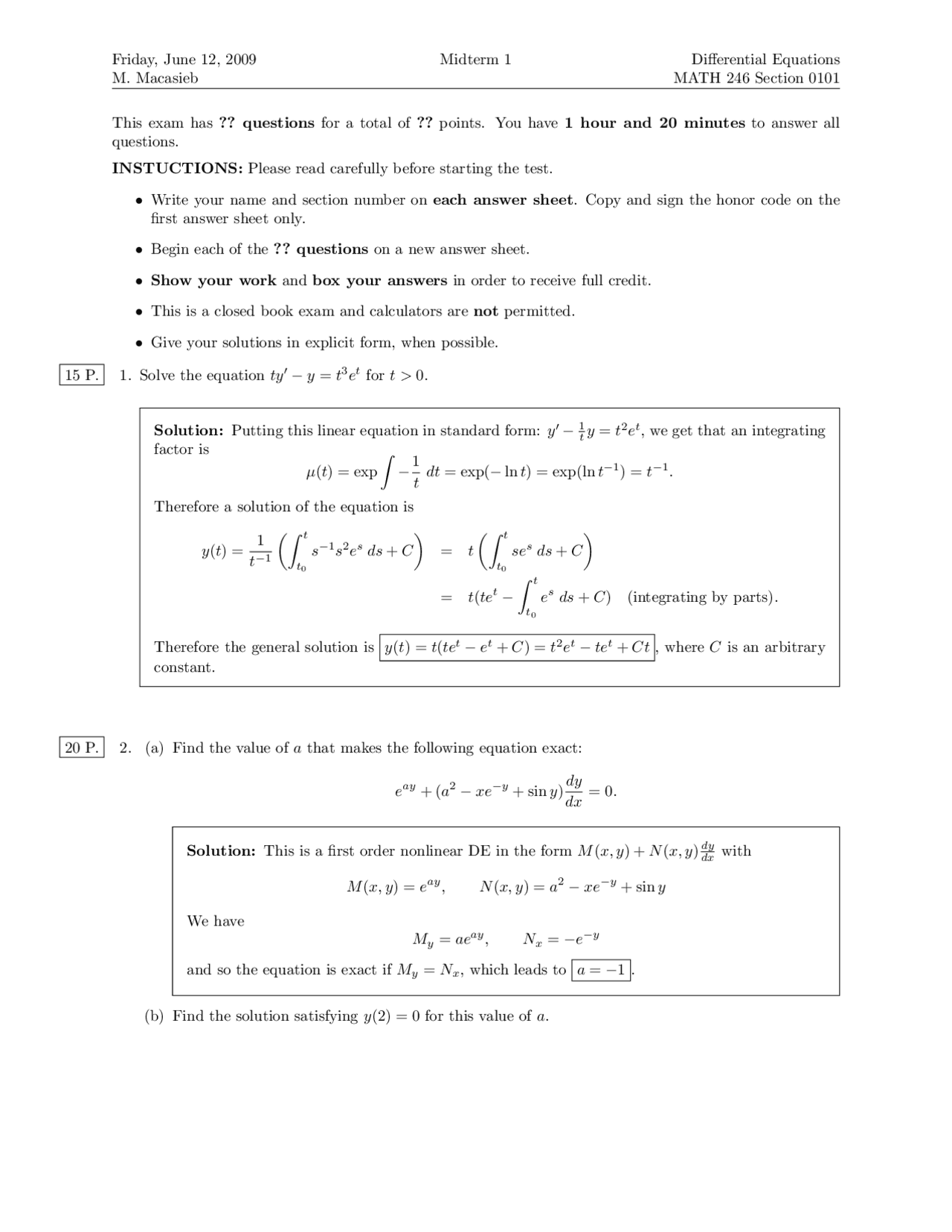 Solved Midterm Exam 1 Differential Equations For Engineers And Scientists Math 246 Docsity
