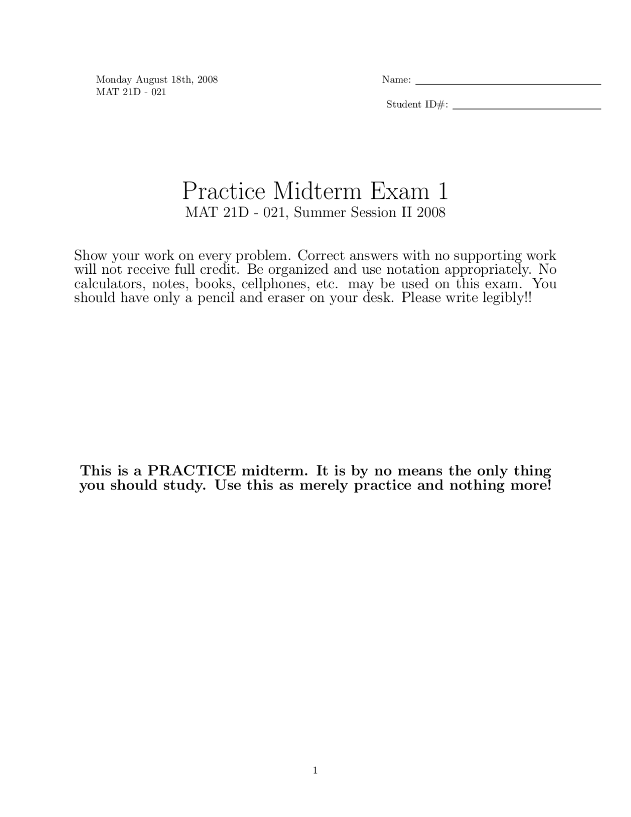 Vector Analysis Practice Midterm Exam 1 Mat 021d Docsity