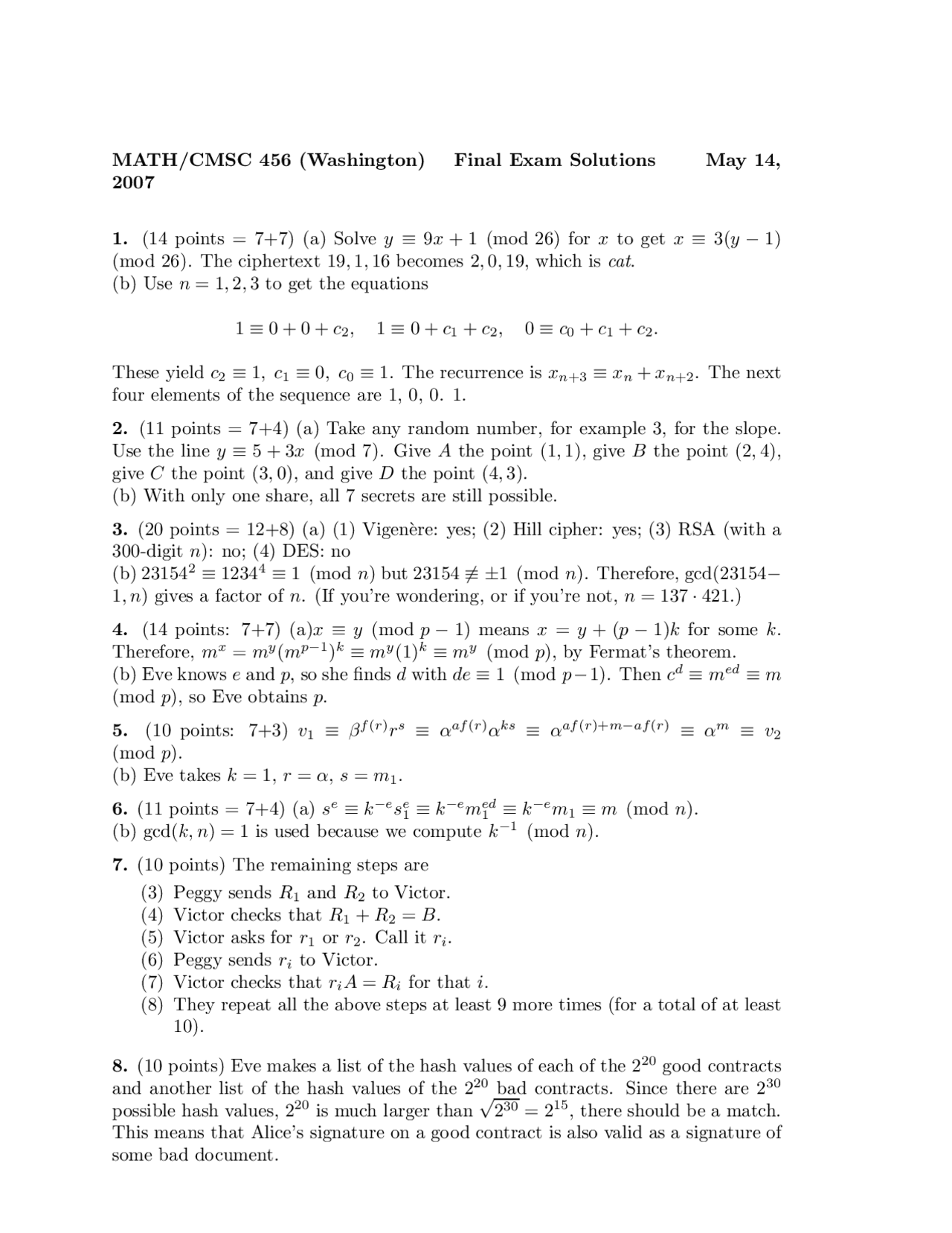 Final Exam Solutions Cryptology Cmsc 456 Docsity