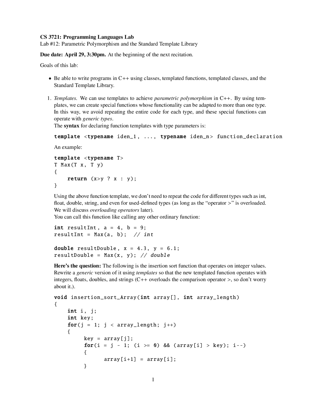 Lab 12 Parametric Polymorphism And The Standard Template Library Cs 3721 Docsity