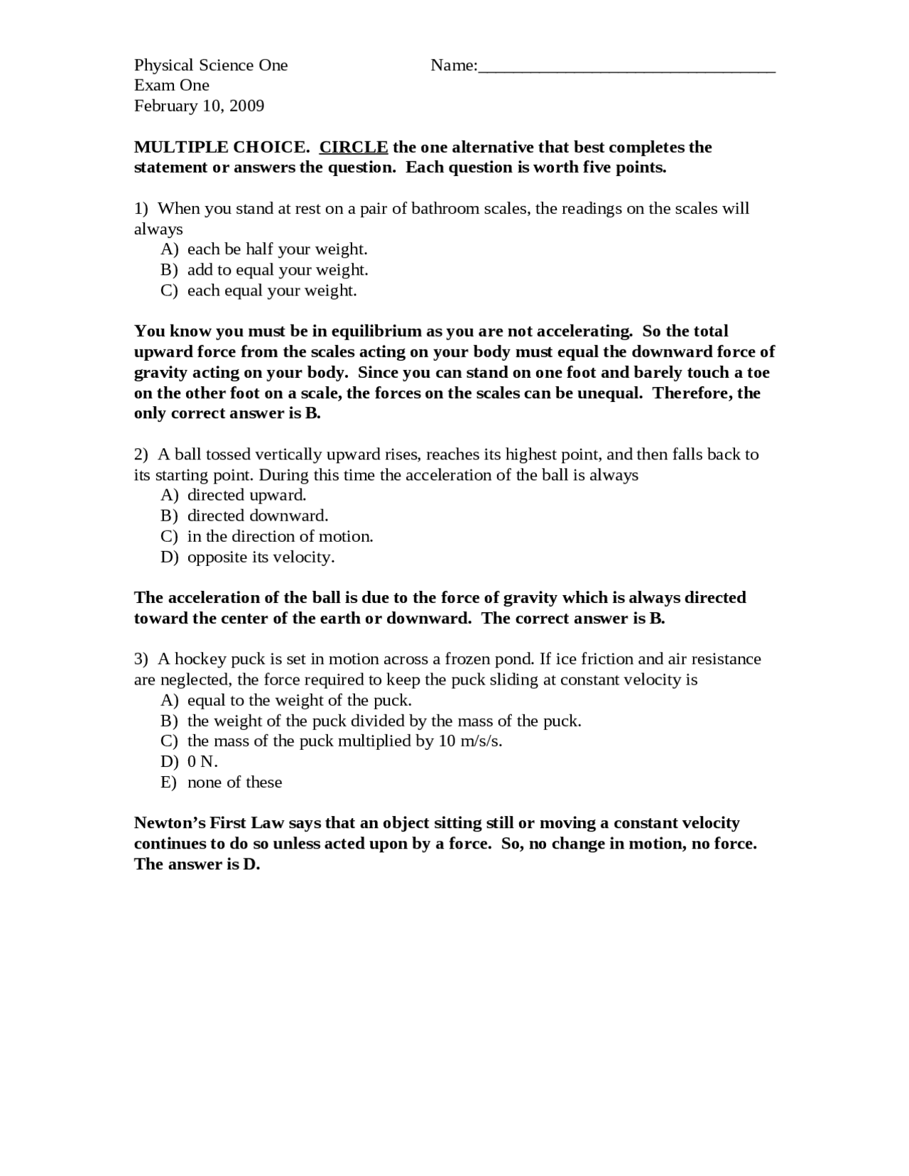 Exam 1 Solutions Physical Science Phsc 001 Docsity