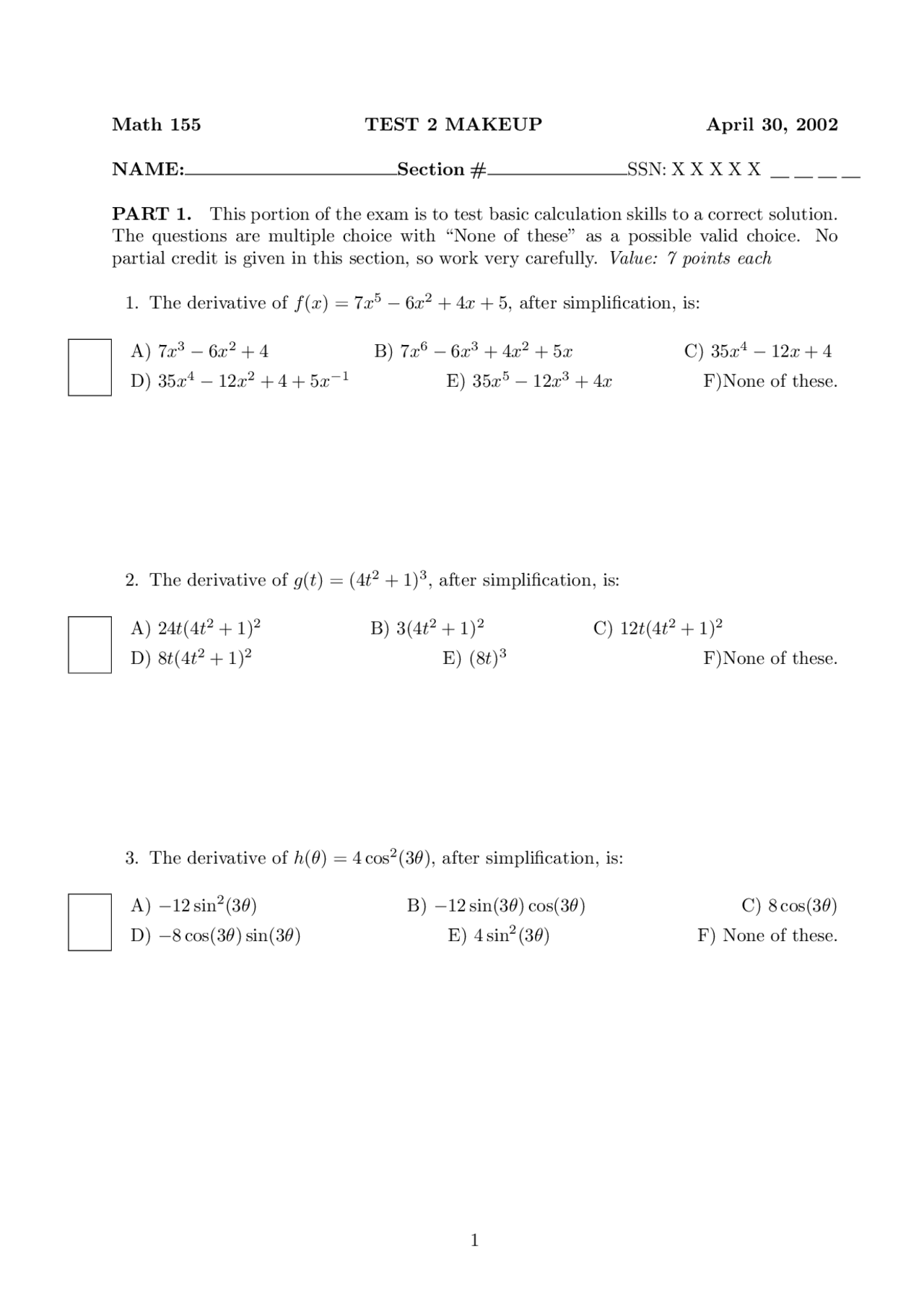 Test 2 with 9 Question for Calculus 1 | MATH 155 | Exams Calculus | Docsity