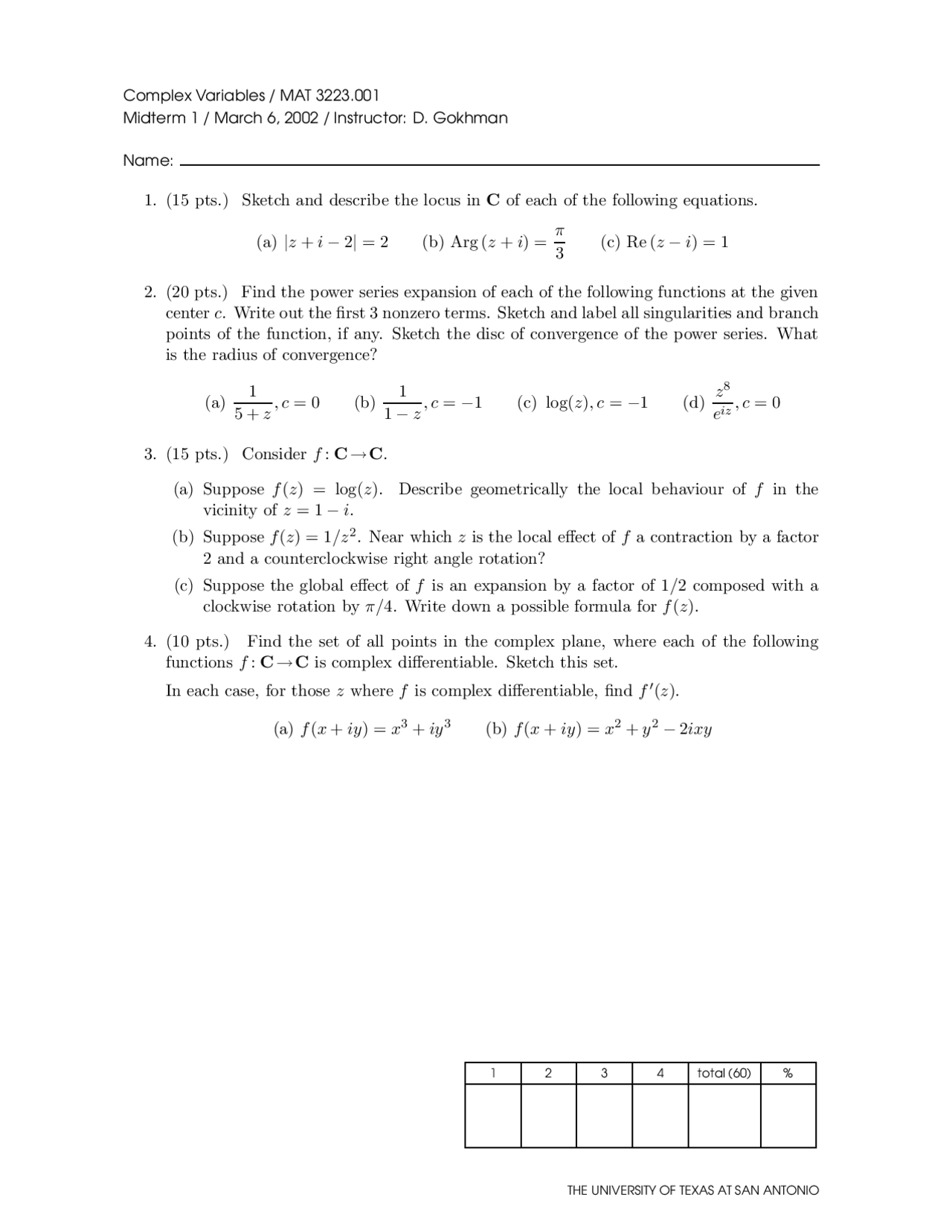 MAT 3223.001 Complex Variables Midterm 1 Solutions | Exams Mathematics | Docsity