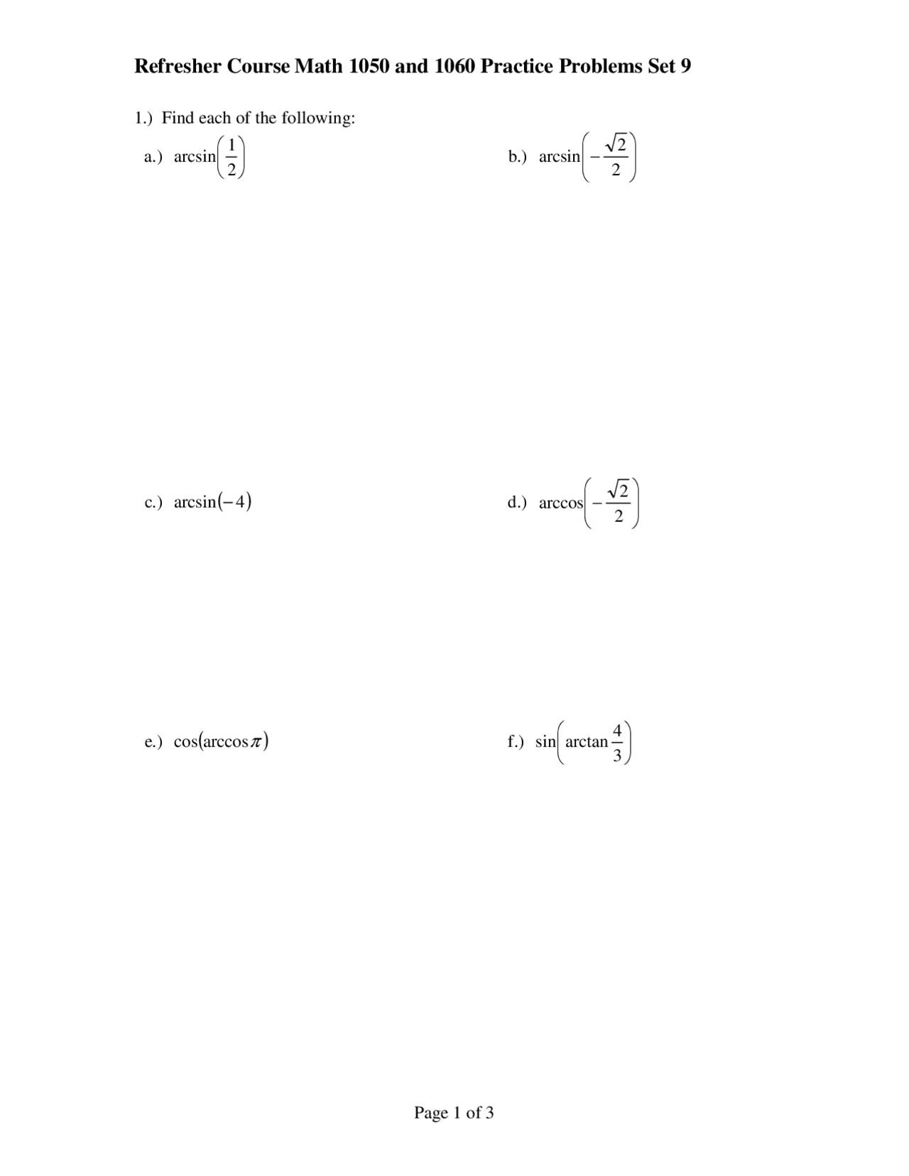 Practice Problem Set 9 - College Algebra | MATH 1050 - Docsity