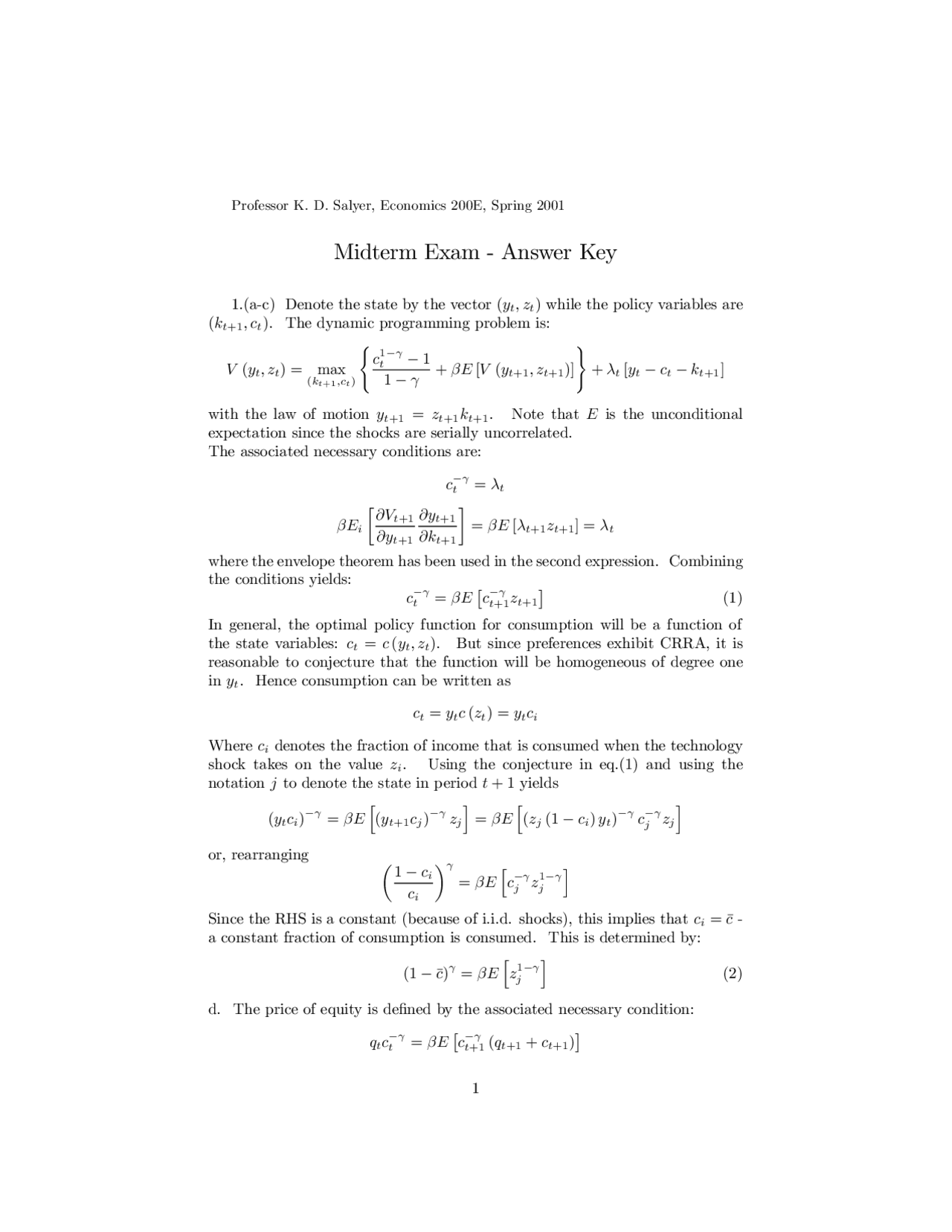 Midterm Exam With Answer Key Macroeconomic Theory Ecn 200e Docsity