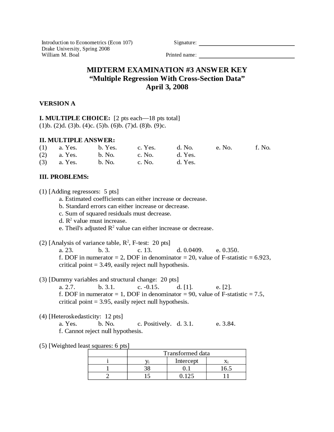 Midterm Exam 3 With Answer Key Econometrics Web And Classroom Econ