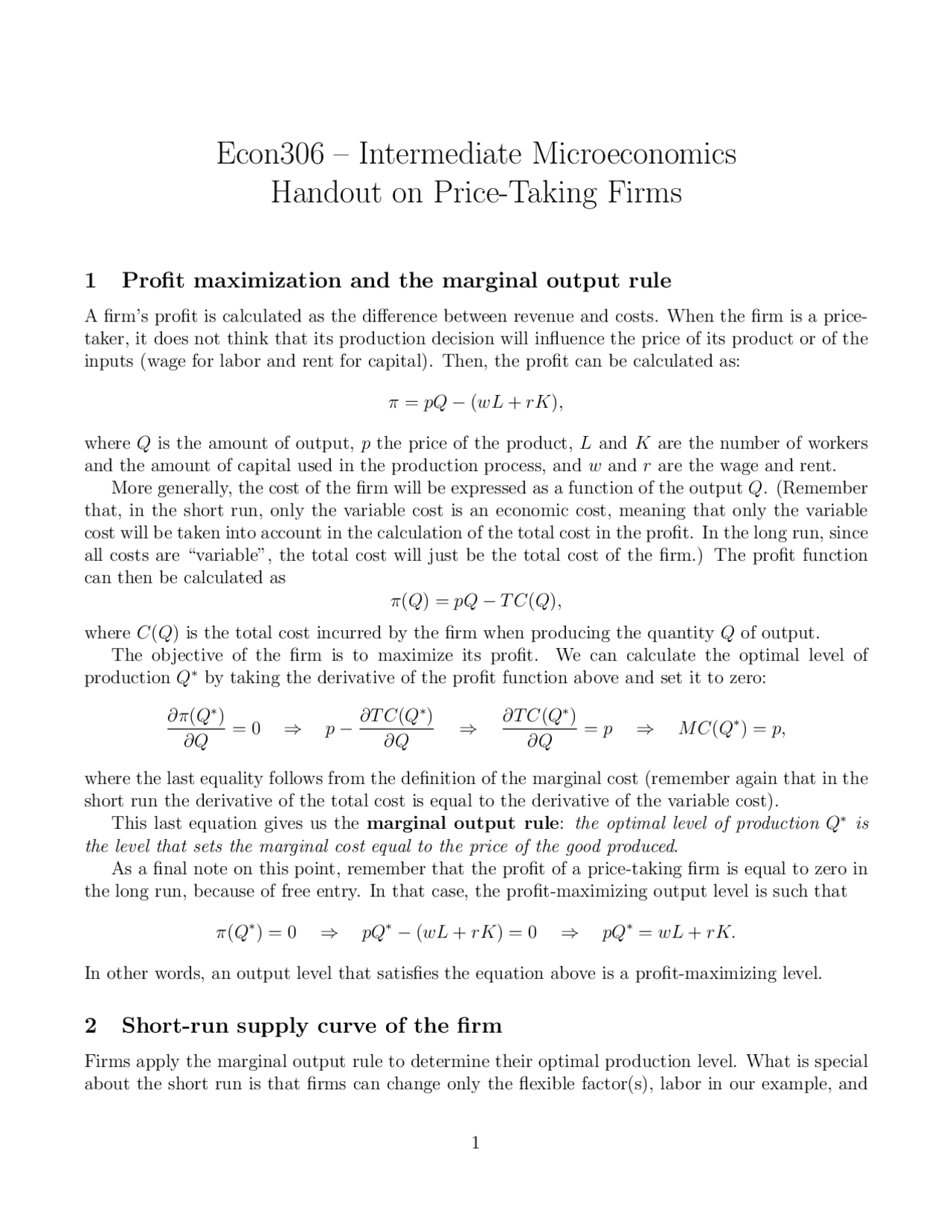 Profit Maximization And The Marginal Output Rule Lecture Handout